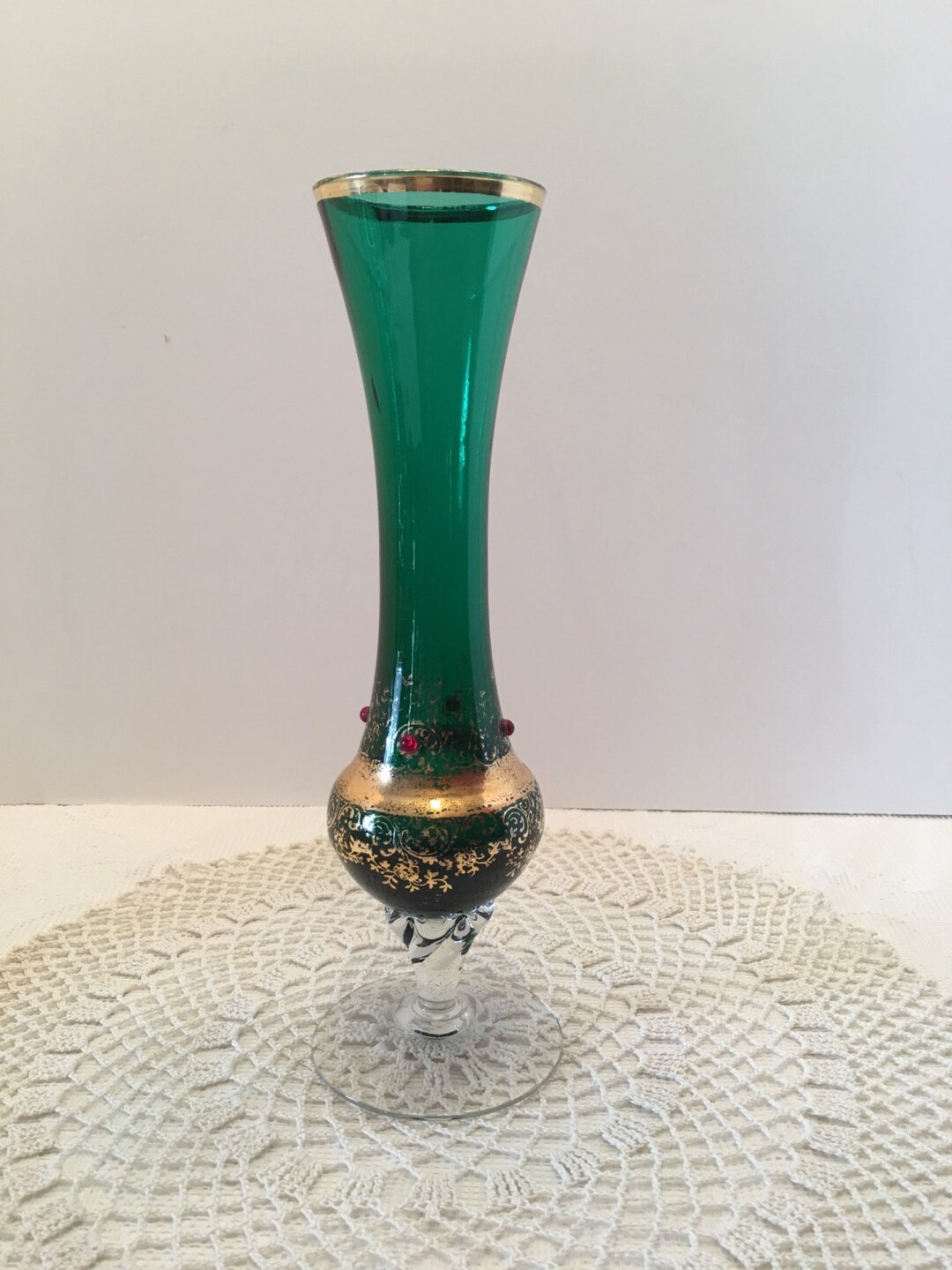 Green and Gold Vase ~ Emerald Green Bud Vase ~ Glass ~ Bead Accents ...
