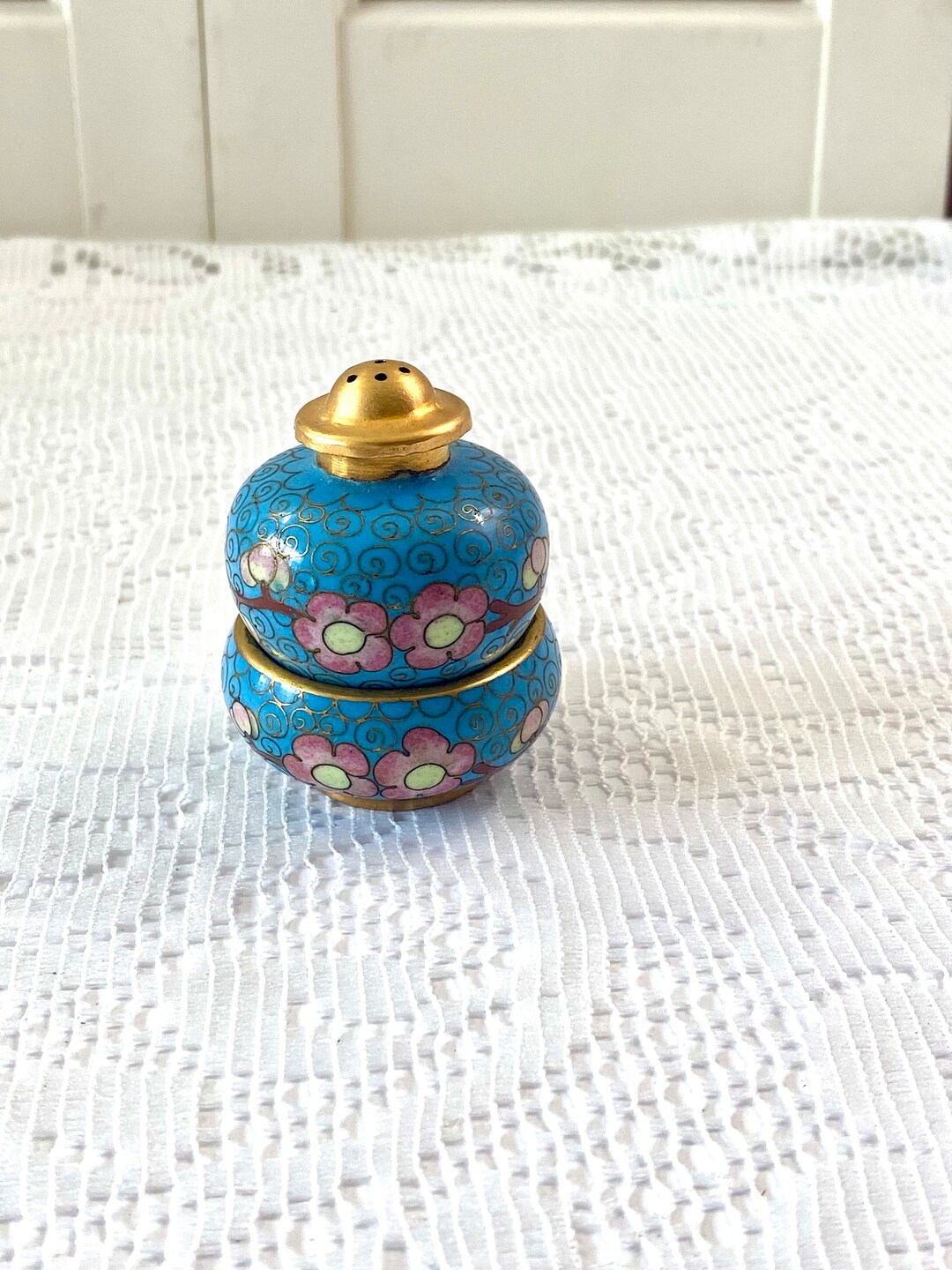 Vintage Cloisonné Open Salt Cellar and Pepper Shaker Set ~ Salt and ...