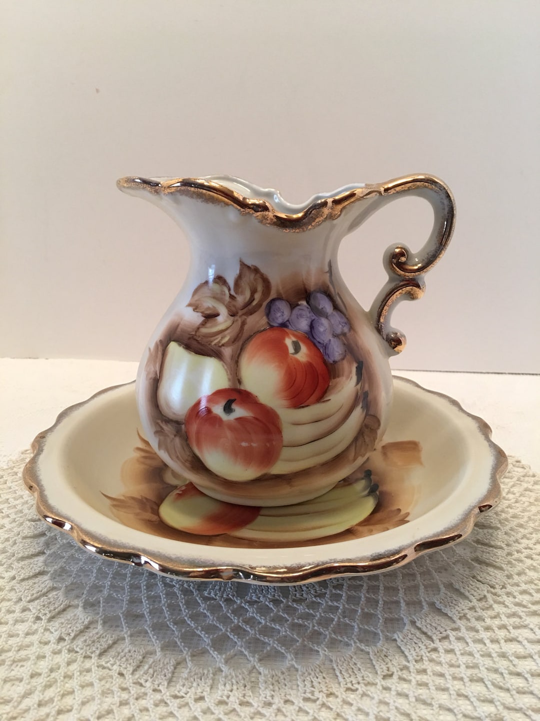 Enesco Japan Bowl and Pitcher ~ Water Basin and Jug ~fruit Motif Design ...