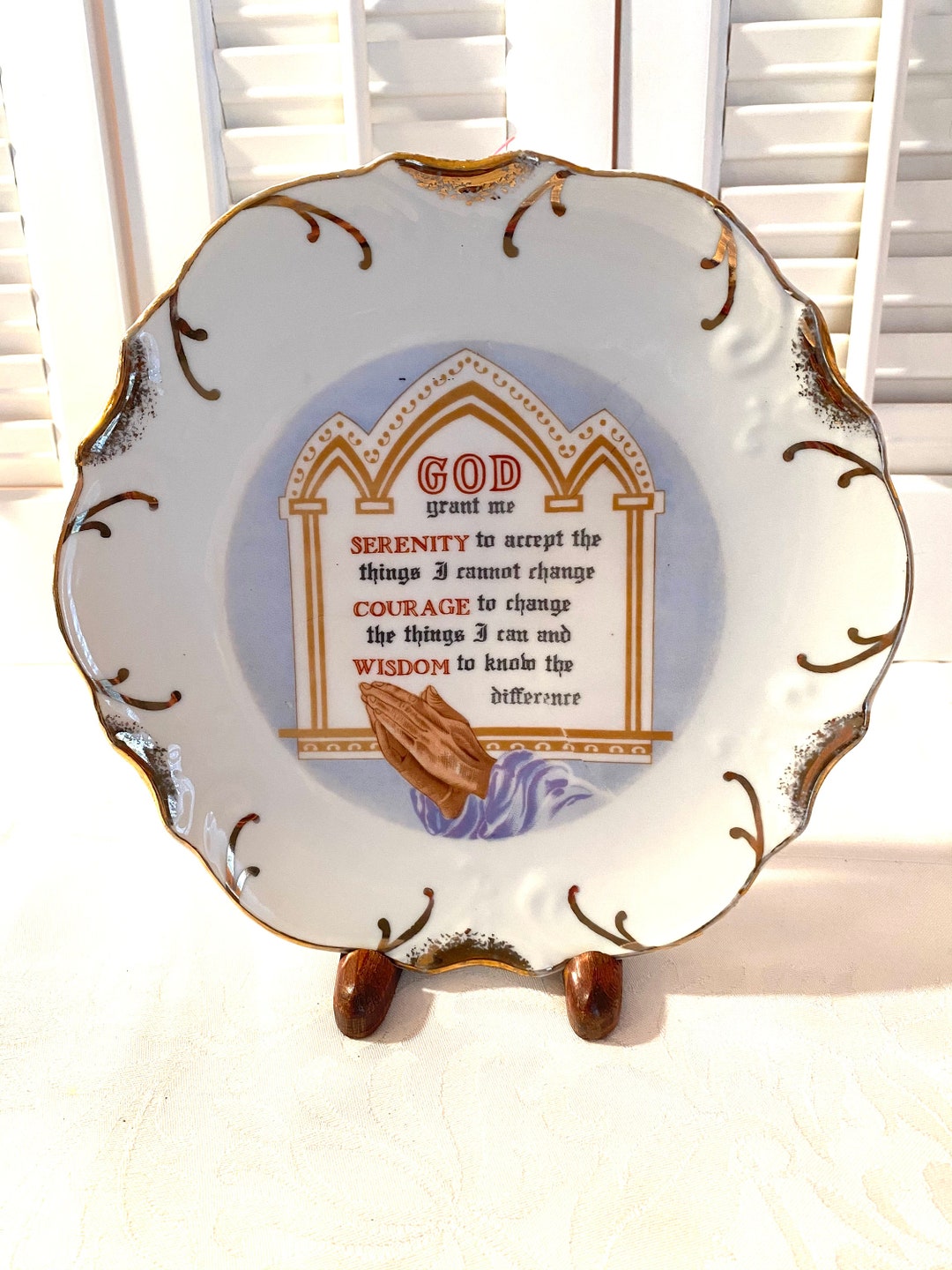 Vintage Serenity Prayer Plate ~ White With Blue and Gold Accents ~ Made ...