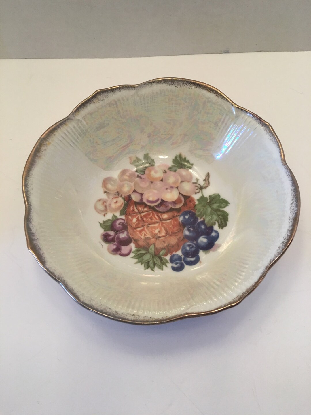 Trimont Ware Japan Lusterware Bowl~ Blue With Fruit Design ~ Gold Trim ...
