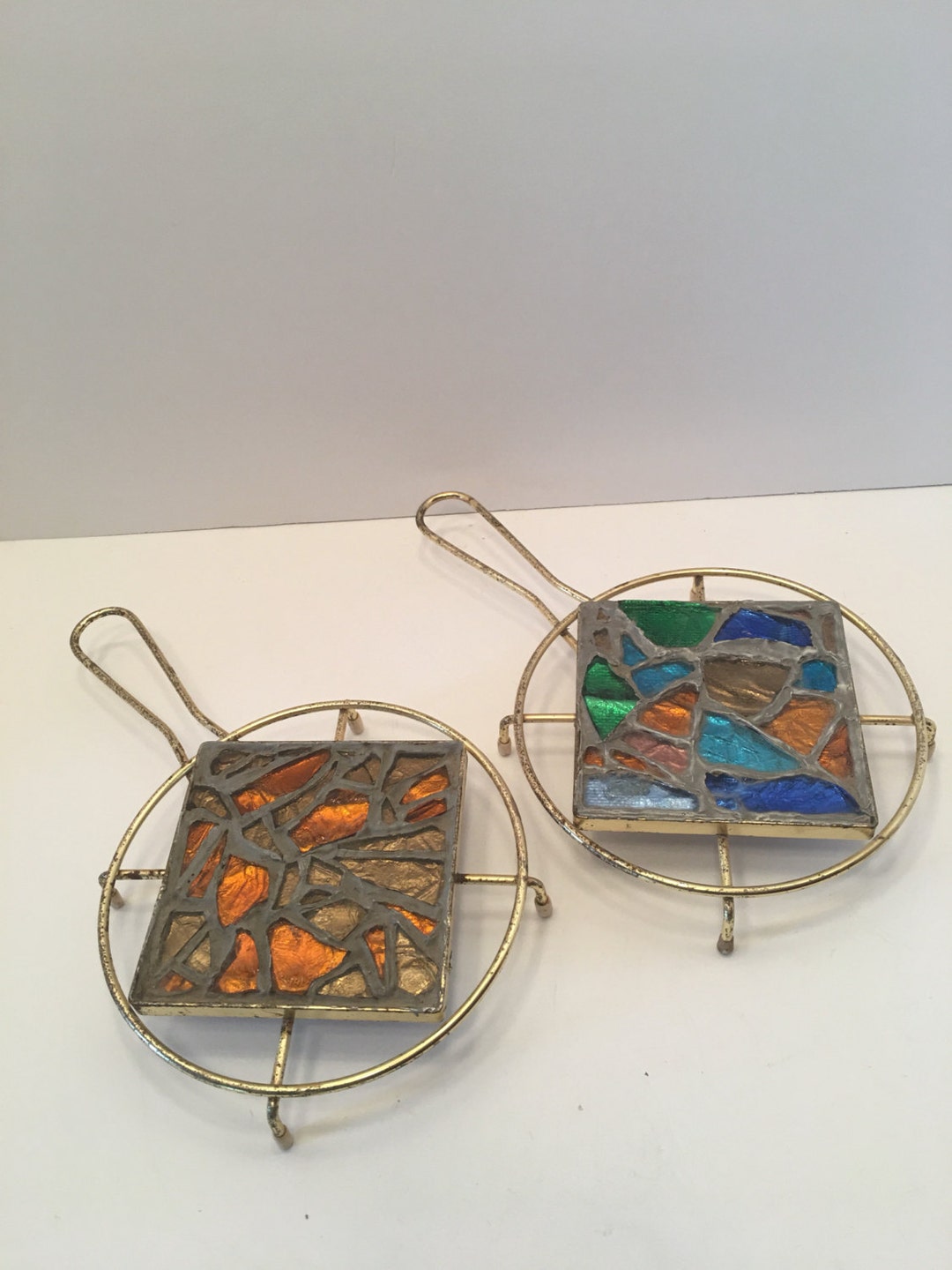 Stained Glass Trivets ~ Gold Tone ~ Set of Two ~ Round and Square ...