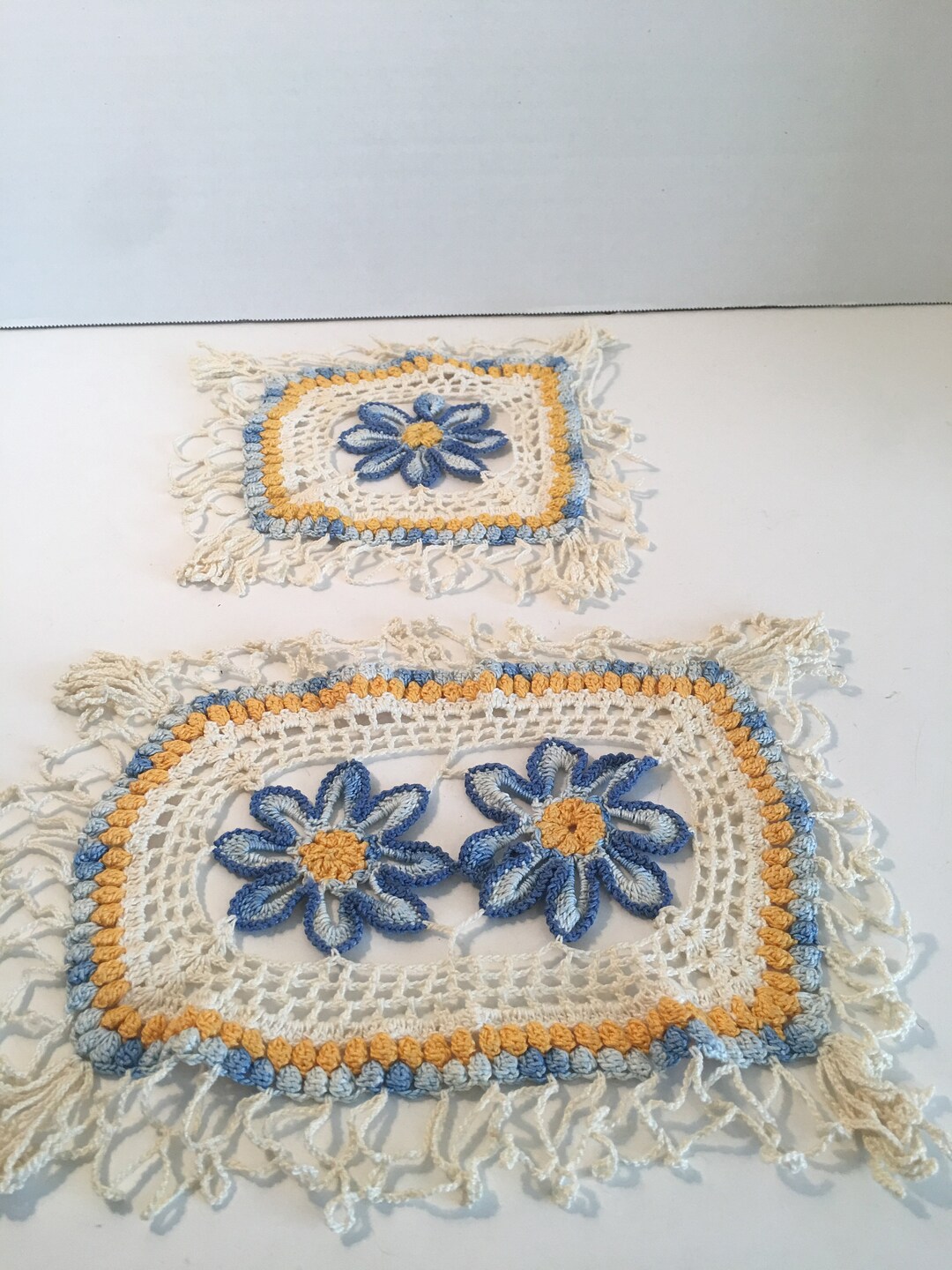 Vintage Crochet Table Scarf ~ Doilies~ Table Linen ~ Blue and Yellow ...
