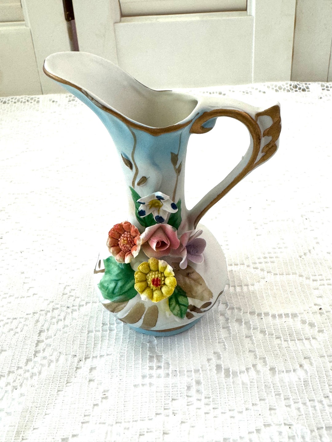 Vintage Miniature Pitcher ~ Blue and White ~ Gold Accents ~ Bisque ...