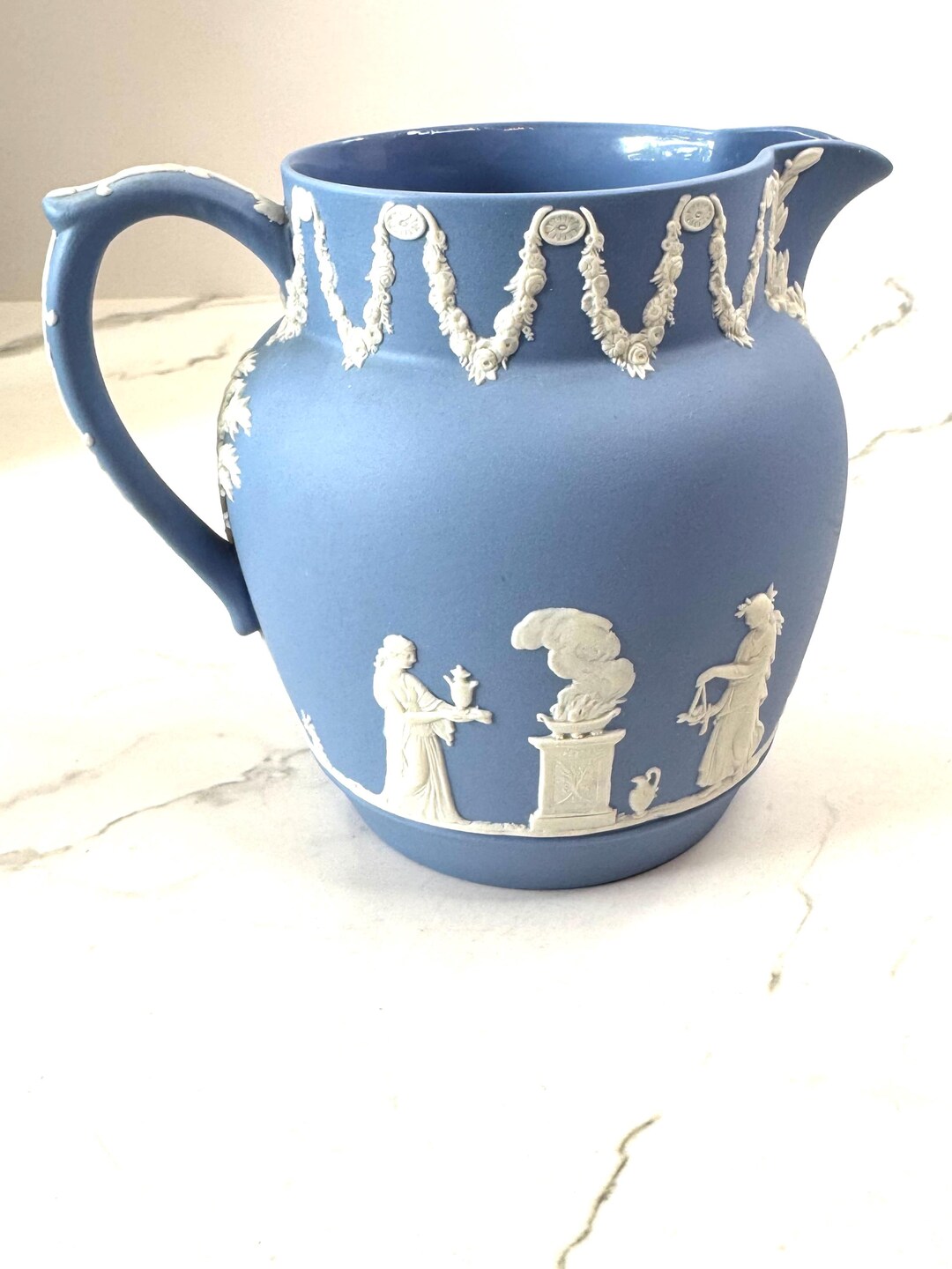 Vintage Wedgwood Blue Jasperware Pitcher ~ Sacrifice Pattern ~ 1961 ...