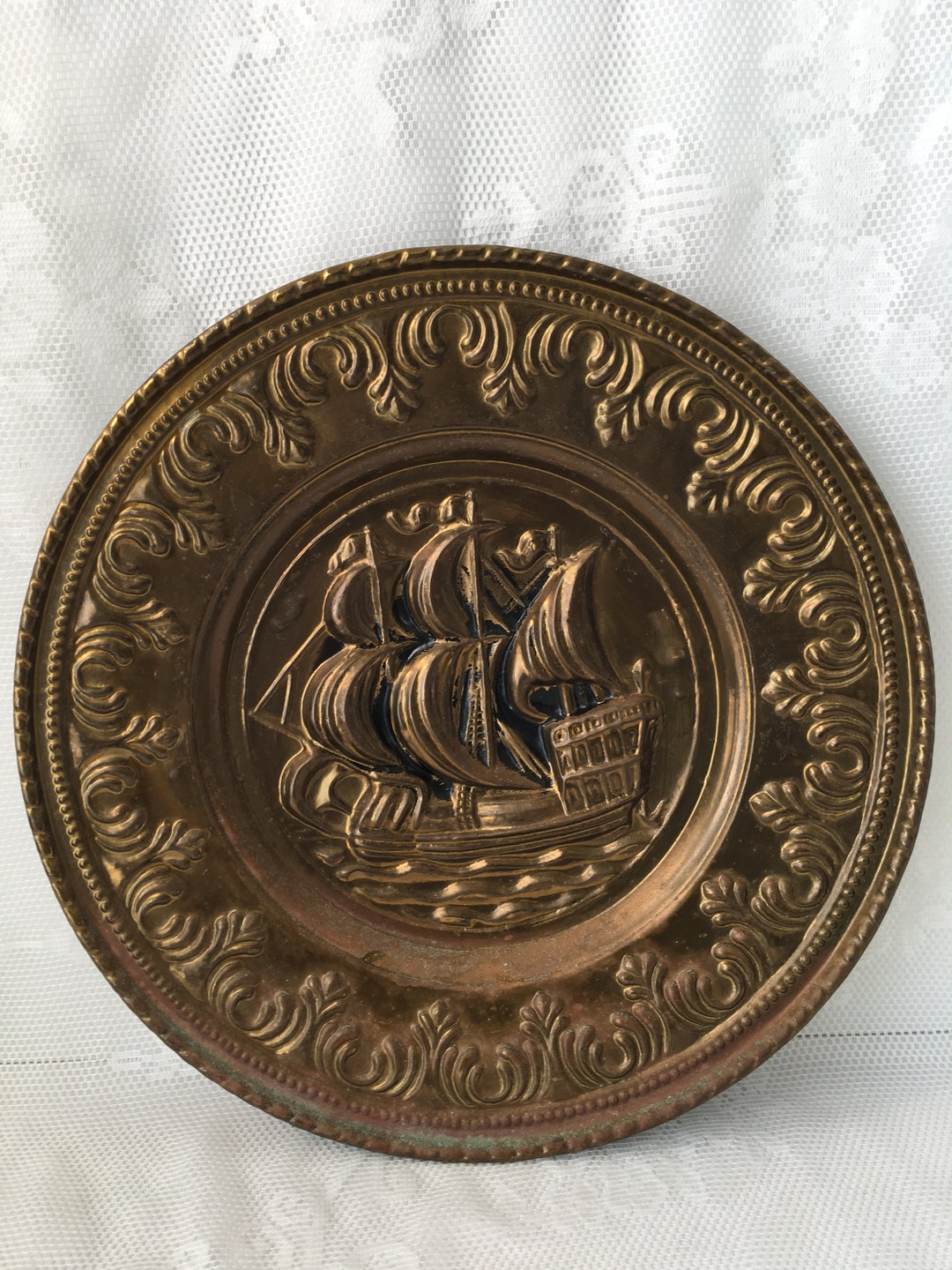 Vintage Brass Wall Plaque ~ Ship Design ~ Dark Brass ~ Wall Decor ...