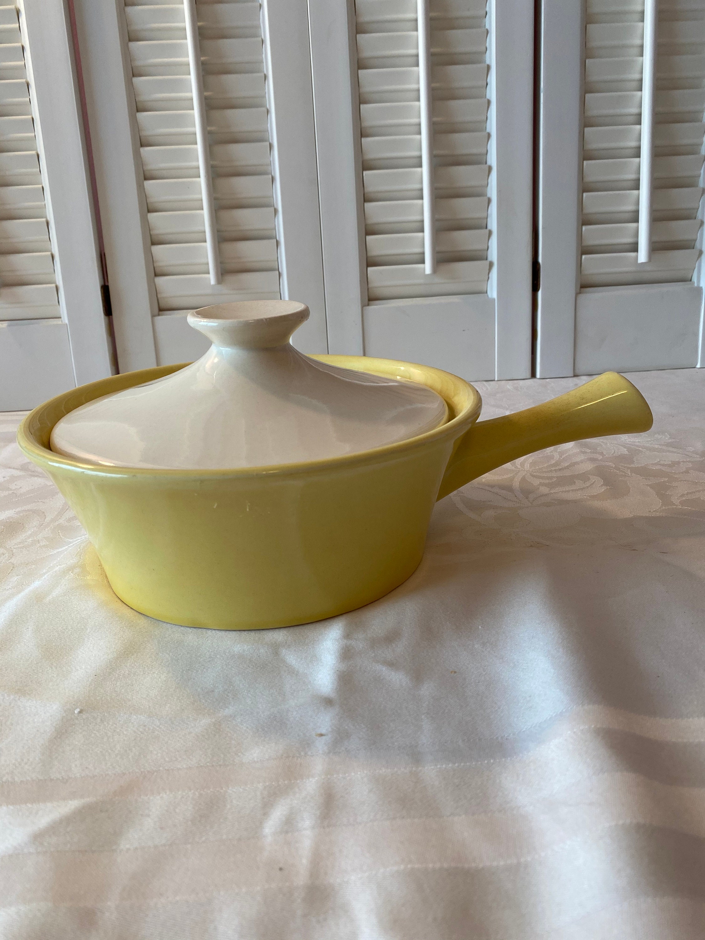 Vintage Cameron Clay Yellow Casserole With Stick Handle ~ Ovenproof USA ...