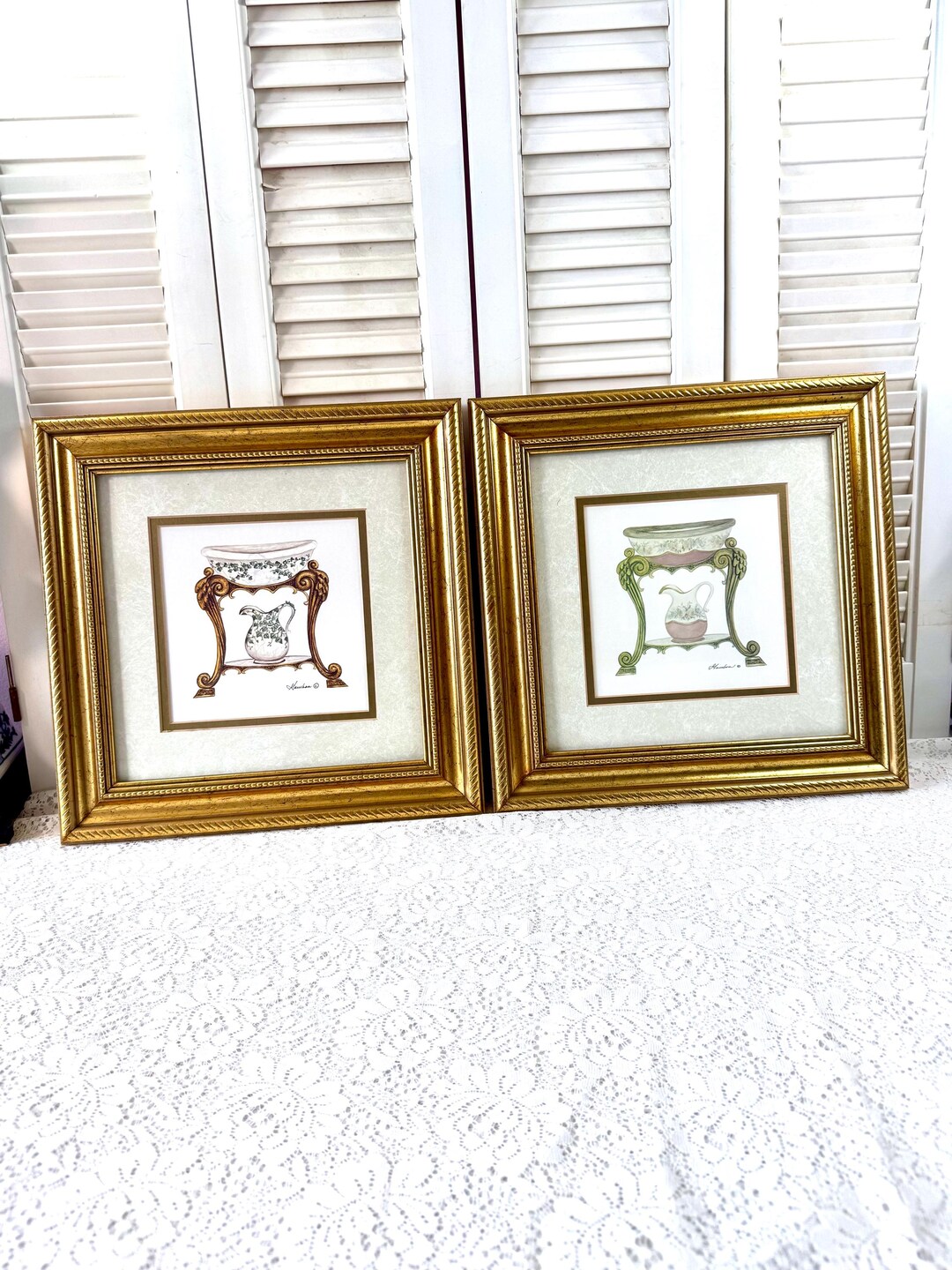 Vintage Consuelo Gamboa Matted and Framed Wash Basin and Pitcher Art ...