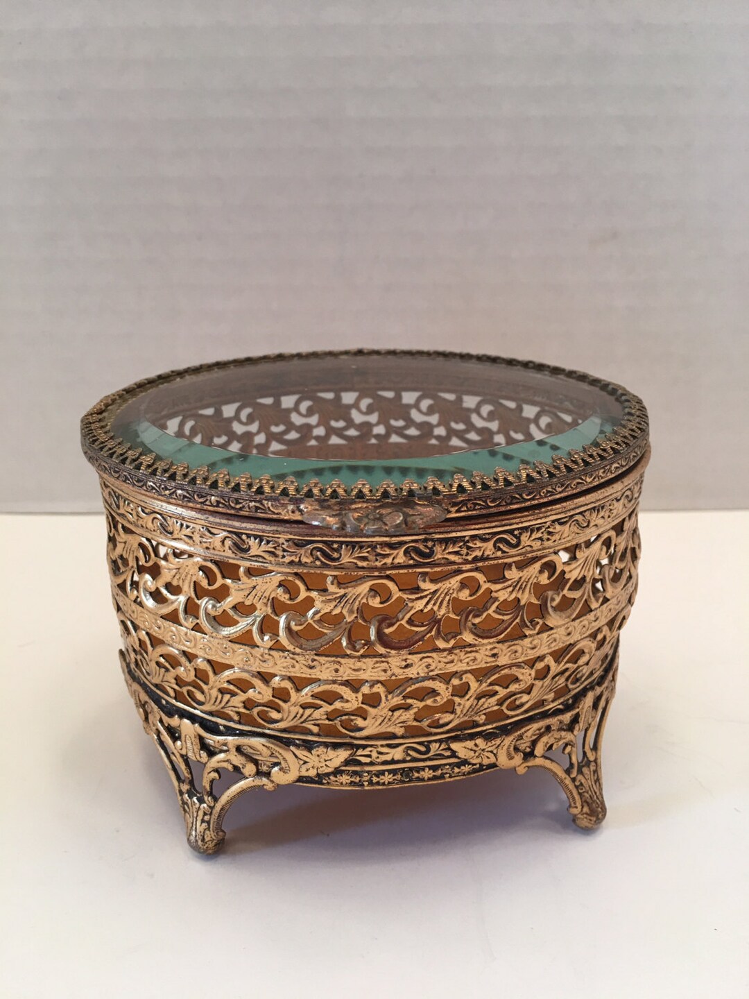 Antique Ormolu Jewelry Casket Filigree Design Hinged Glass Topjewelry ...