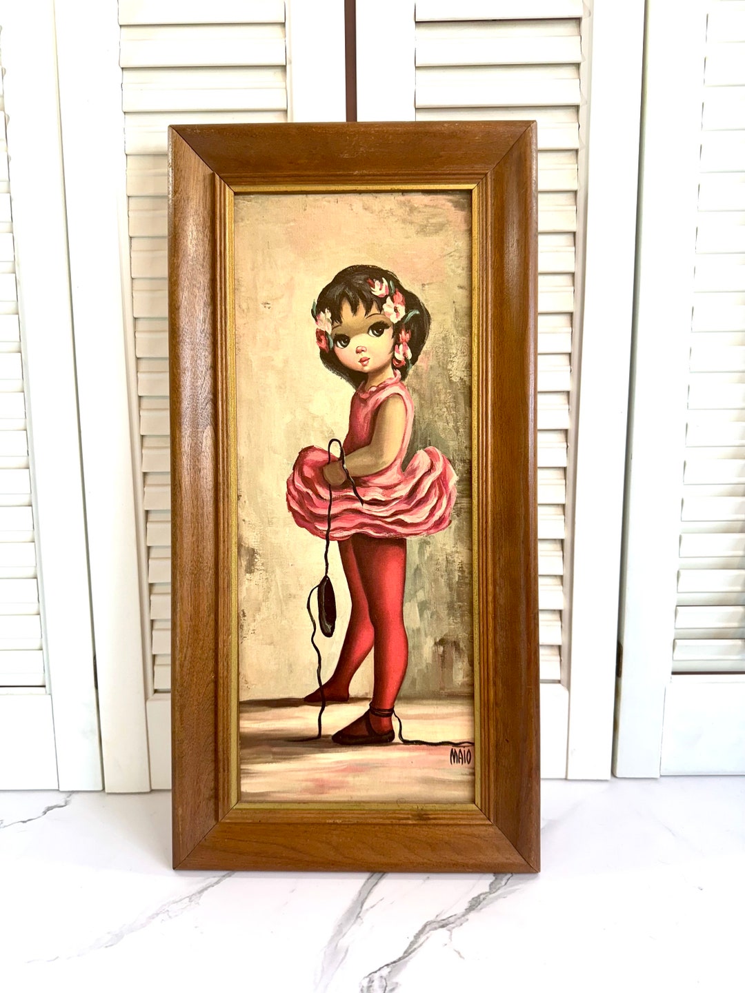 Vintage Maio Picture ~ Black Hair & Pink Dress ~ Artist Signed ~ 17.5”x ...