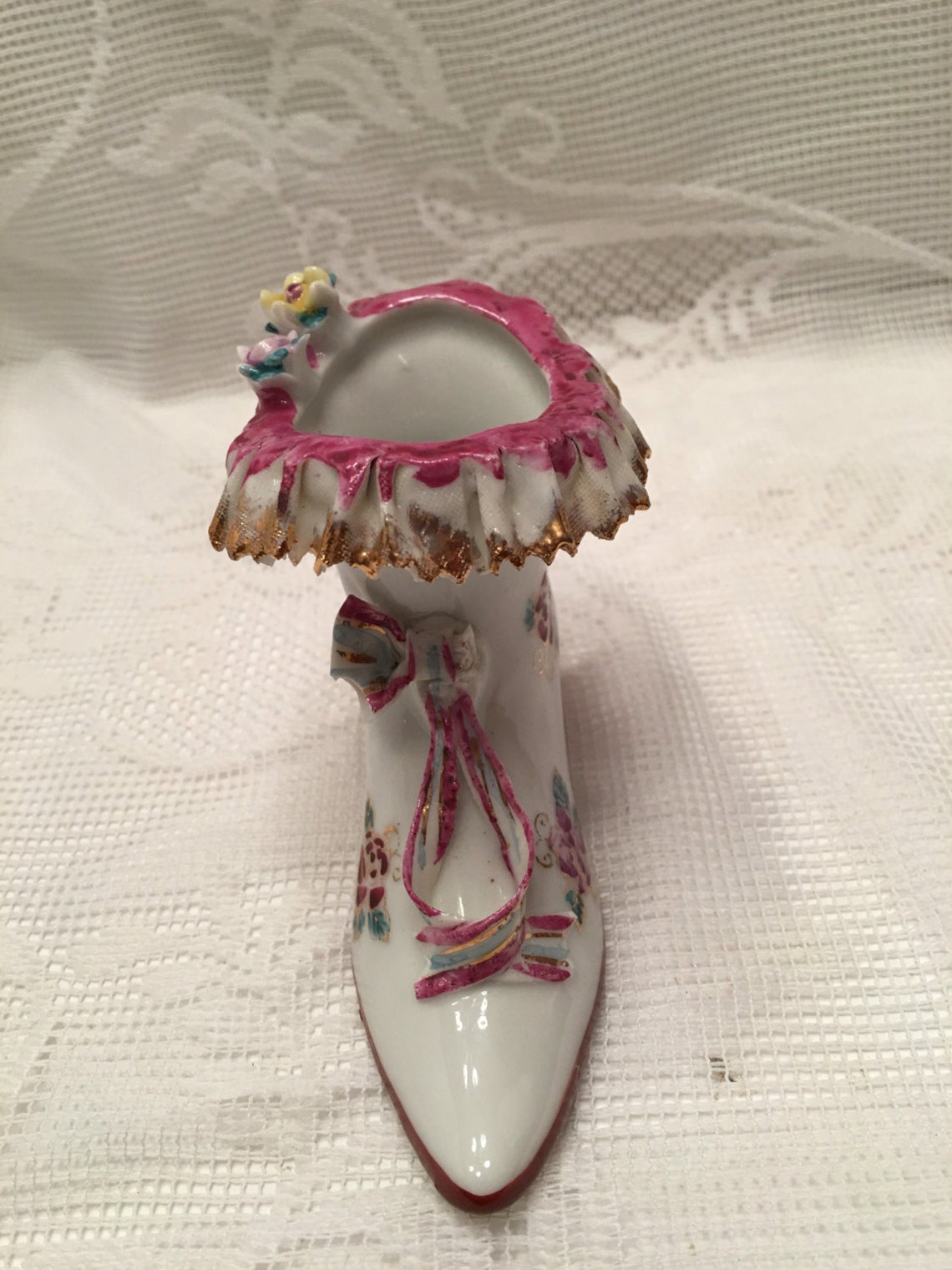 Vintage Boot Shoe Figurine Red & White With Bow on Front | Etsy