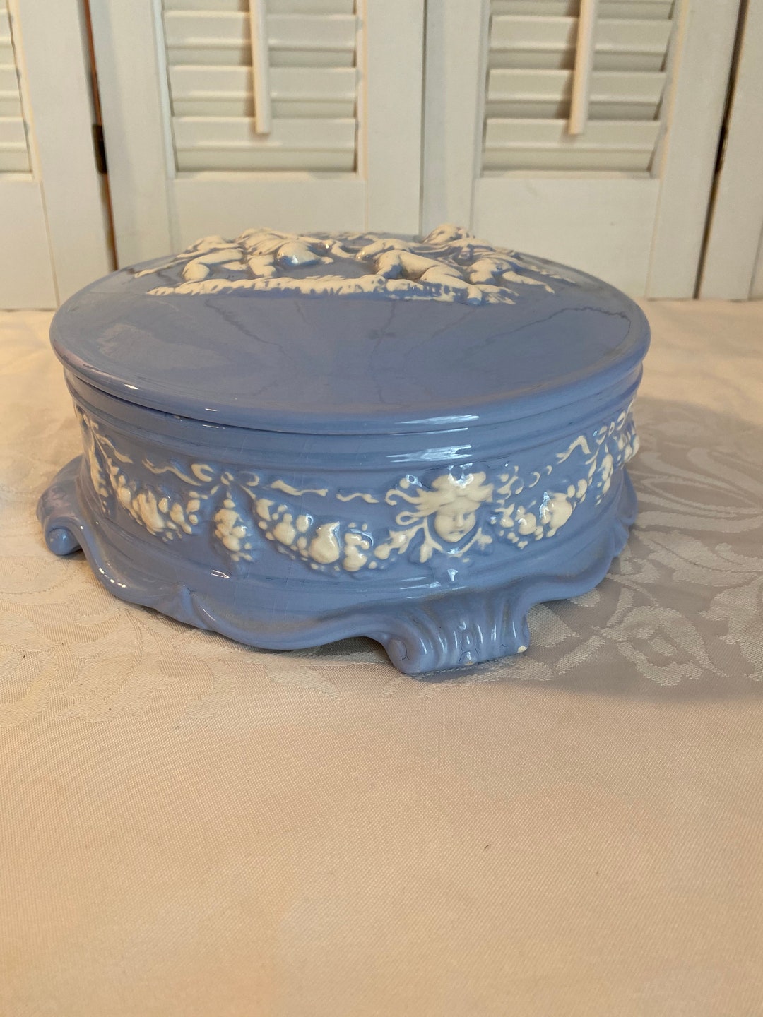 Vintage Ceramic Box With Lid ~ Blue and White ~ Embossed Design ...