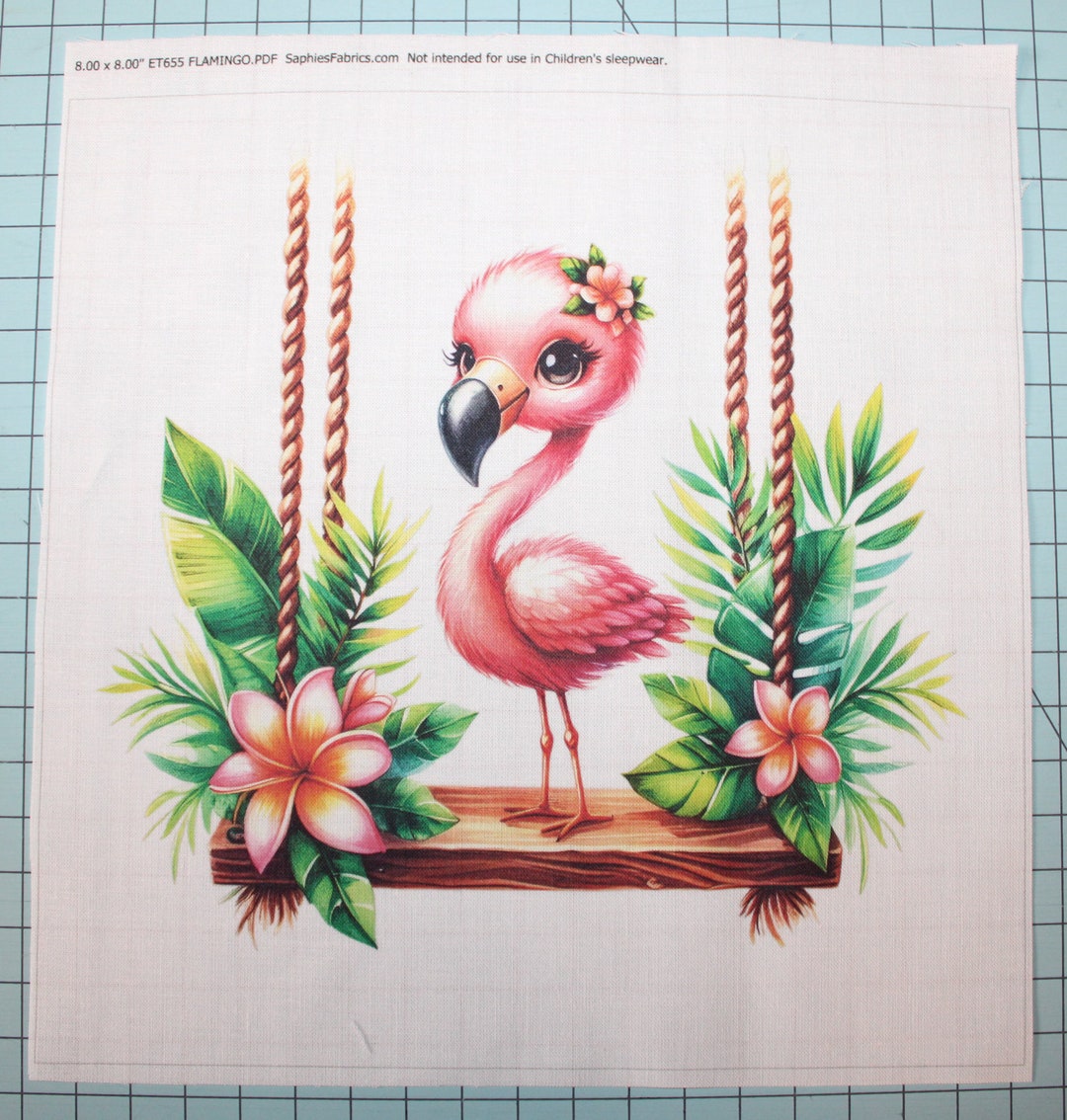 Flamingo on Swing 100% Cotton Fabric Panel Square Small Quilting Sewing ...