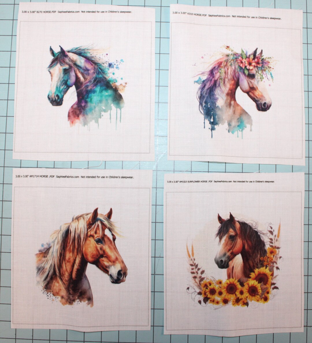 4 Piece 3x3 Horses Fabric Panel Blocks 100% Cotton Mini Fabric Squares ...