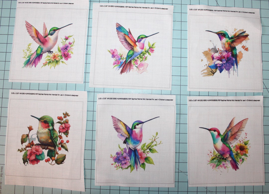 6 Piece 3x3 Hummingbirds Fabric Panel Blocks 100% Cotton Mini Fabric ...
