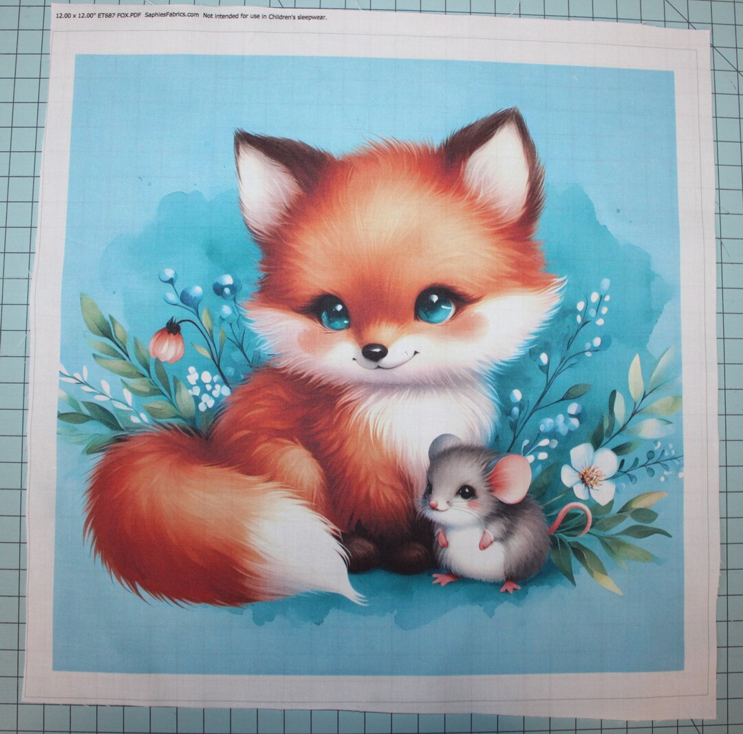 Fox & Mouse 100% Cotton Fabric Panel Square Small Sewing Quilting Block ...