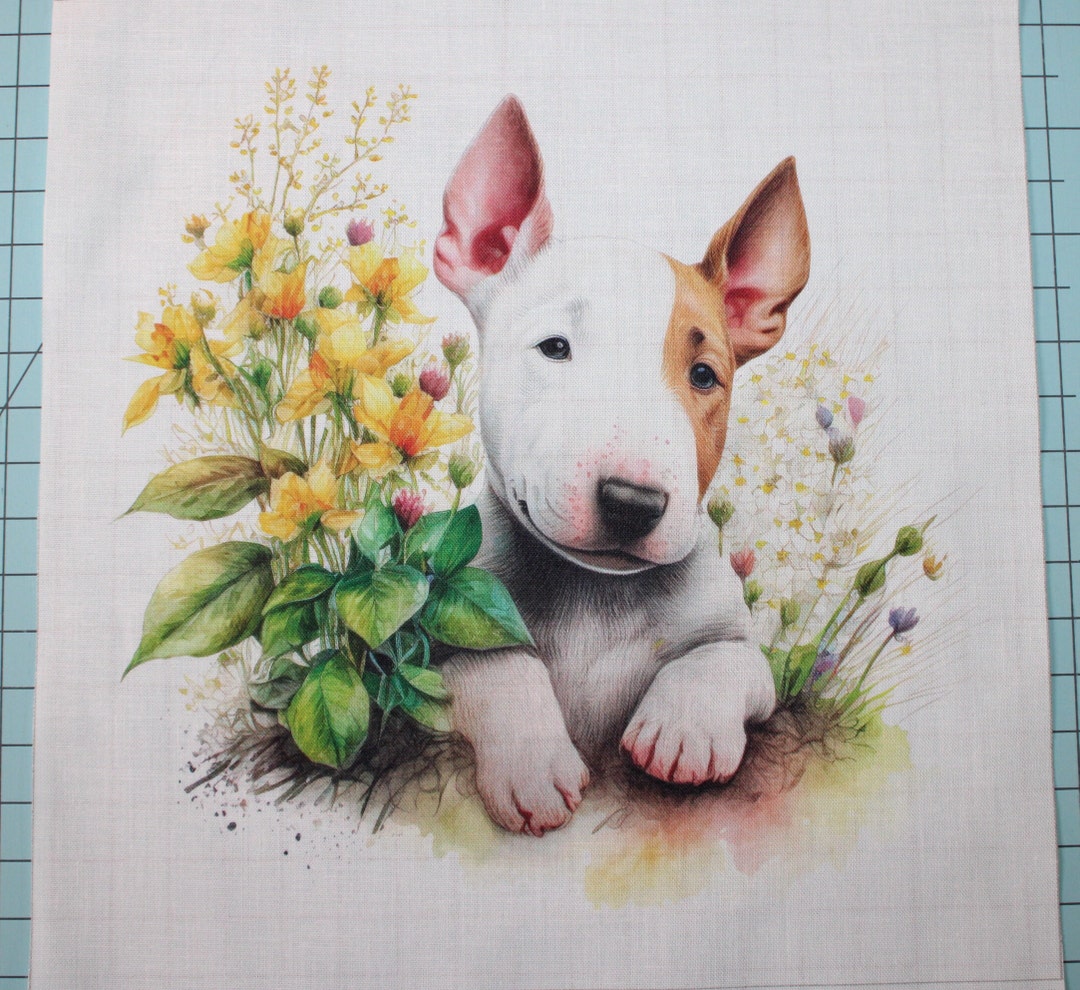 Bull Terrier Dog 100% Cotton Fabric Panel Square Small Quilting Sewing ...