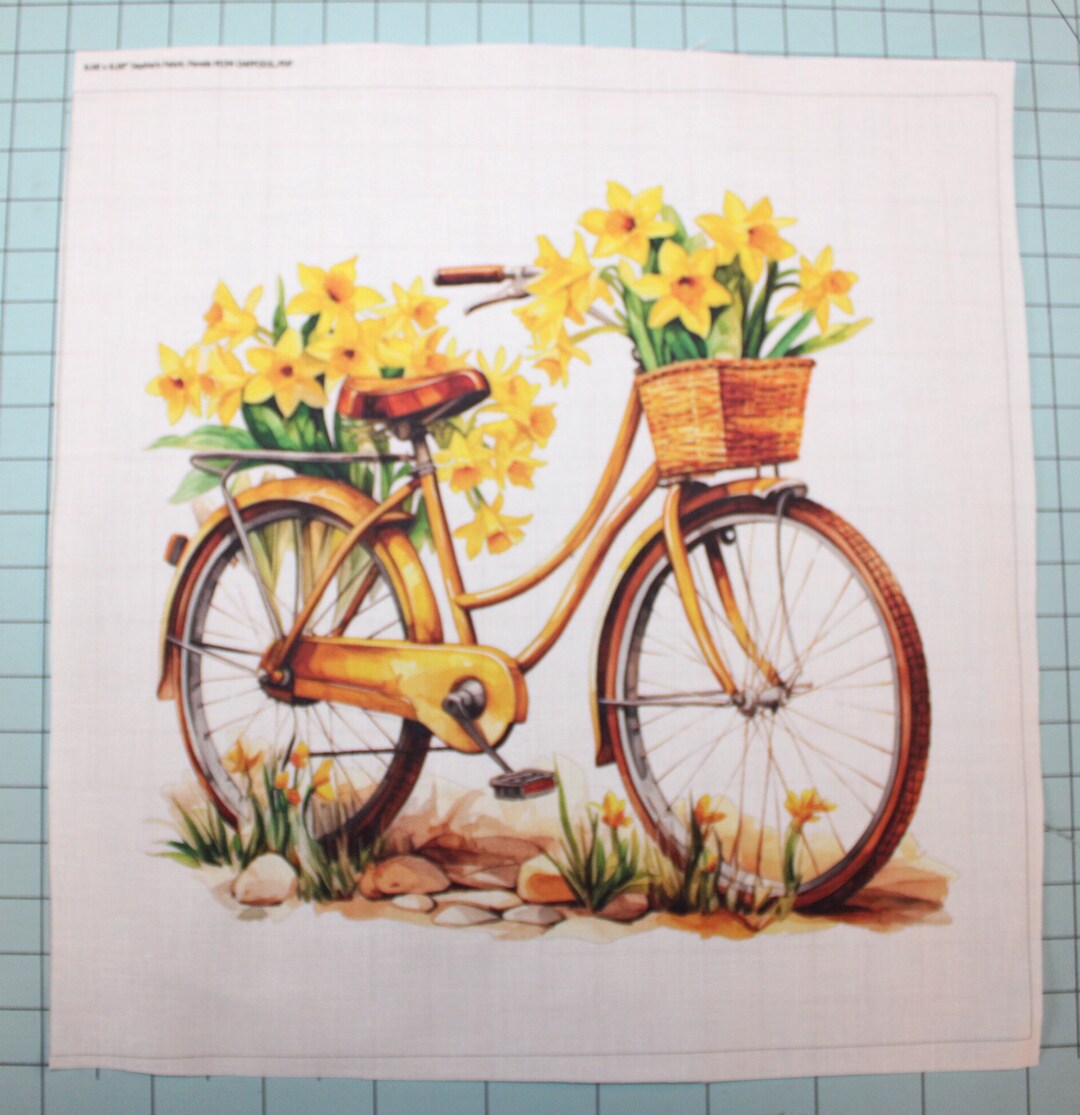 Daffodil Bicycle 100% Cotton Fabric Panel Block Small Sewing Quilting ...