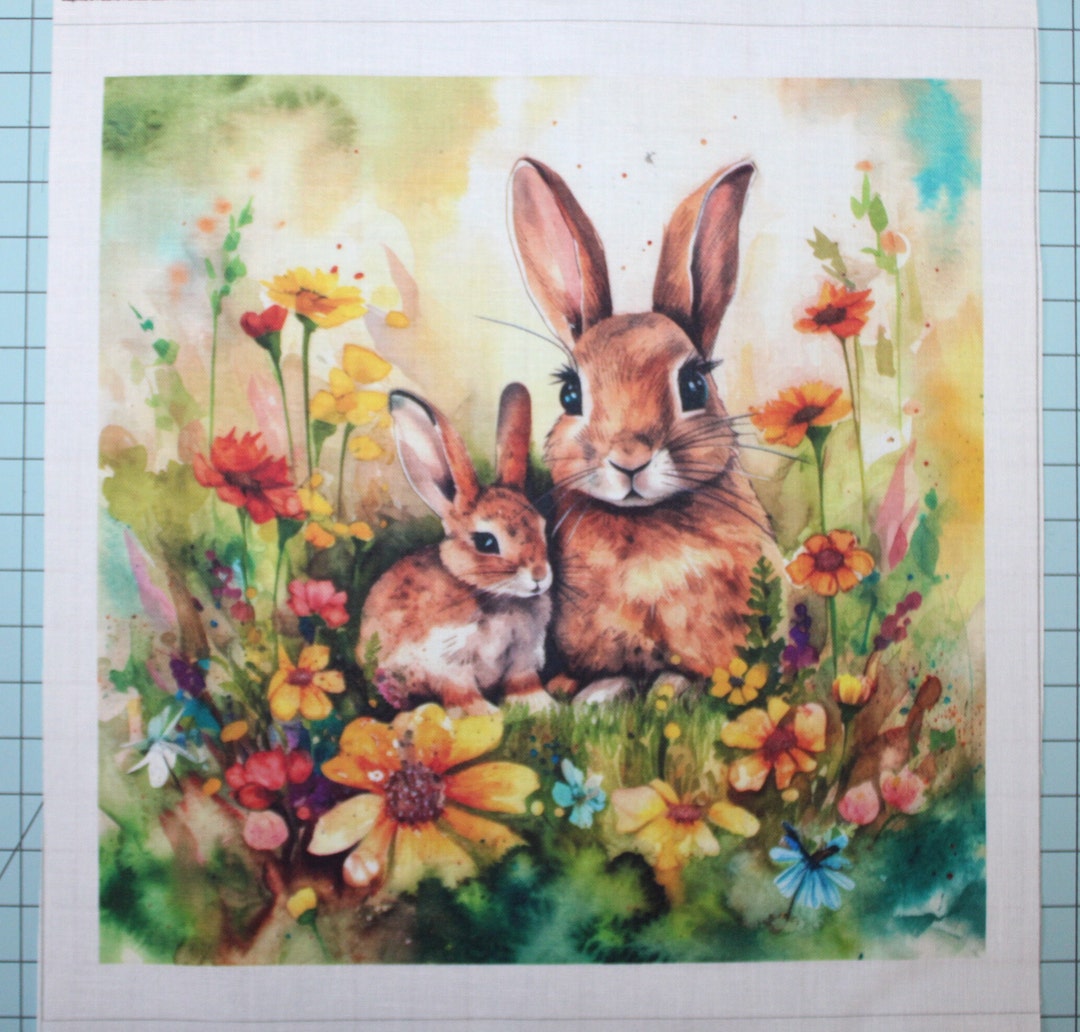 Bunny Rabbits Rabbit Floral 100% Cotton Fabric Panel Square Small ...