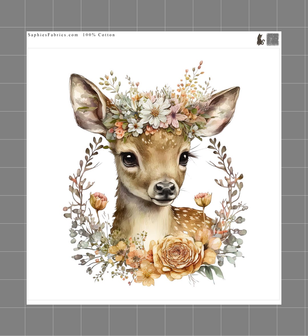 Doe Deer Floral 100% Cotton Fabric Panel Block | Small Quilting Sewing ...