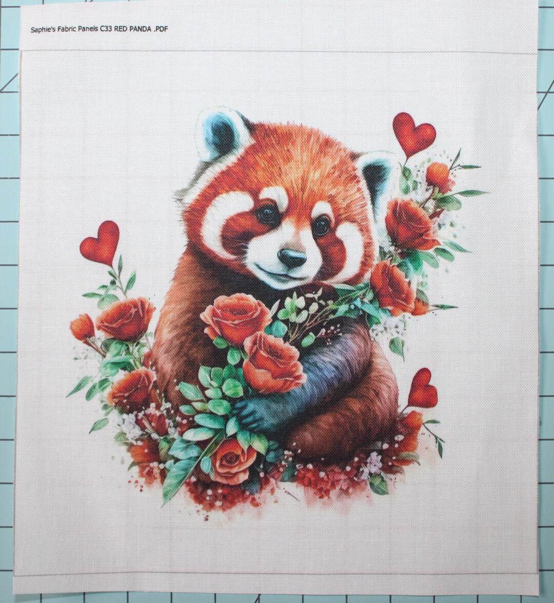 Floral Red Panda 100% Cotton Fabric Panel Square Small Quilting Sewing ...