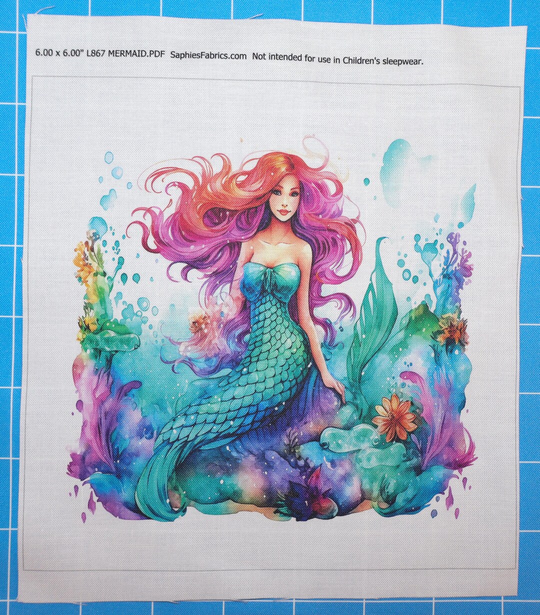 Mermaid 100% Cotton Fabric Panel Block | Small Quilting Sewing Square ...