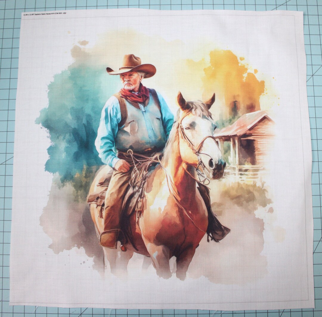Horse Cowboy 100% Cotton Fabric Panel Square Small Sewing Quilting ...