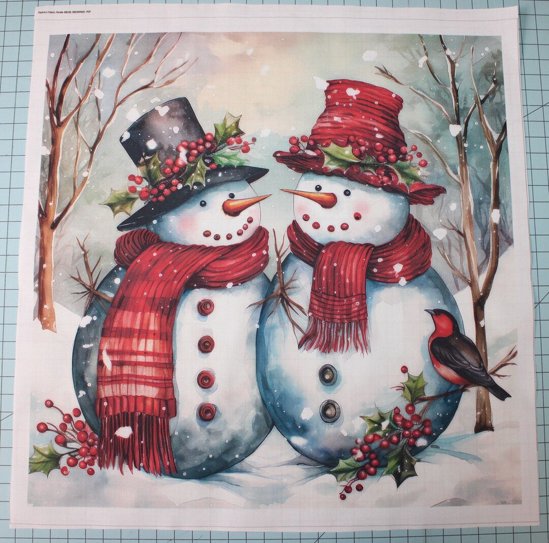 Snowman Couple 100% Cotton Fabric Panel Block Small Quilting Sewing ...