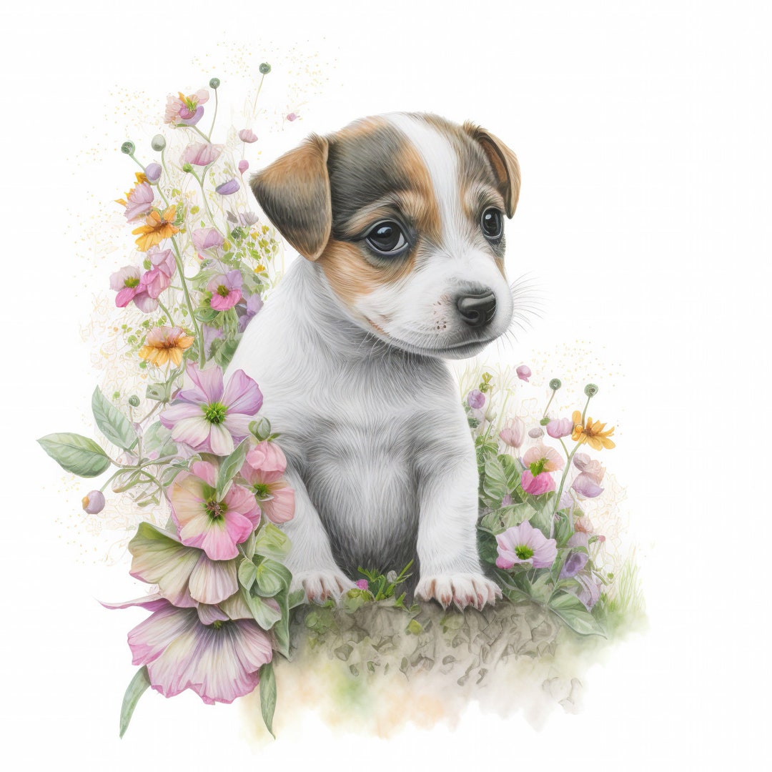 Jack Russell Puppy Floral 100% Cotton Fabric Panel Square Small Sewing ...