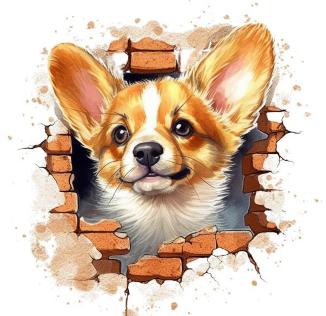 Corgi Dog Breaking Through Wall 100% Cotton Fabric Panel Square Small ...