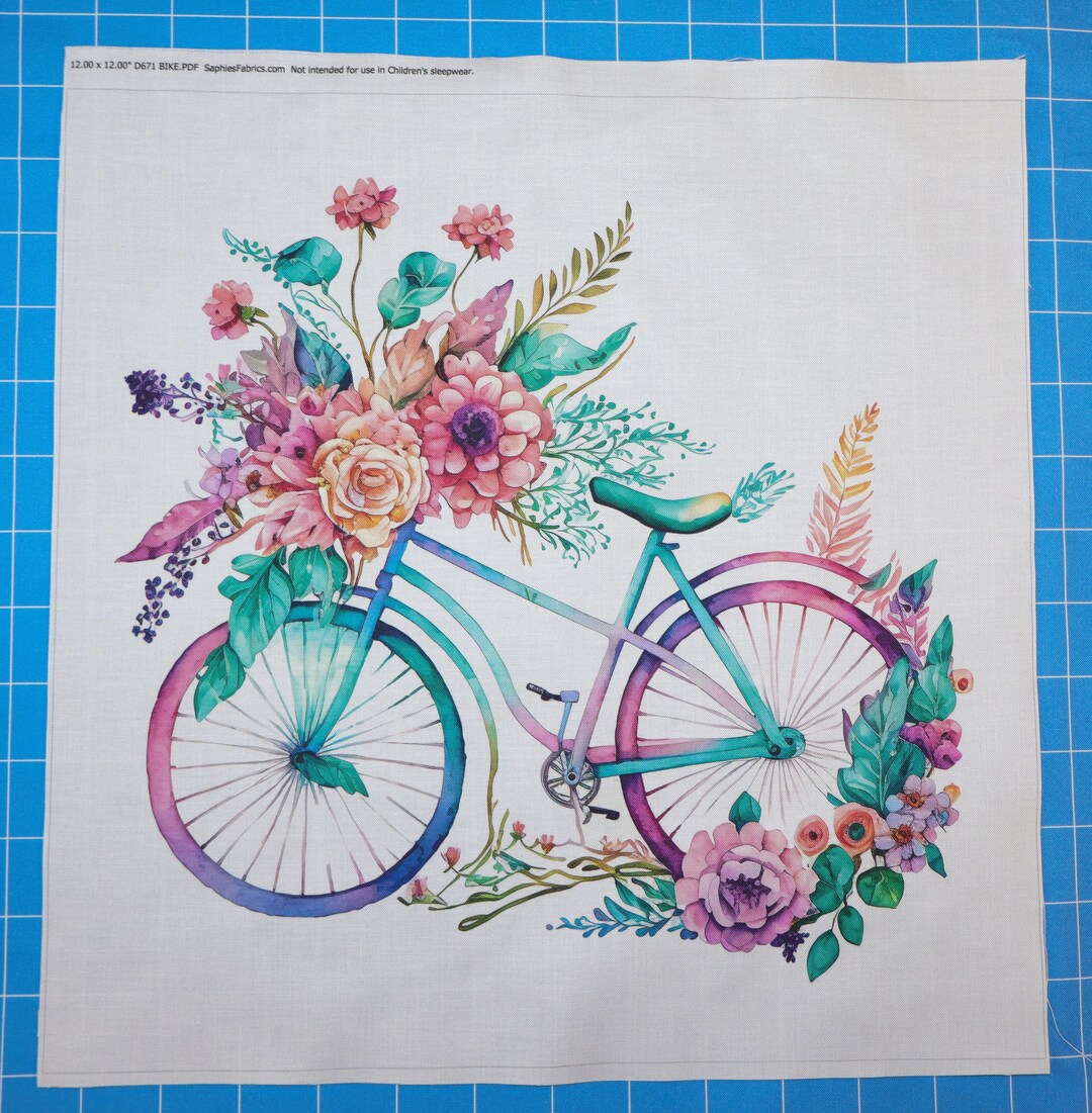 Floral Bicycle 100% Cotton Fabric Panel Block | Small Sewing Quilting ...