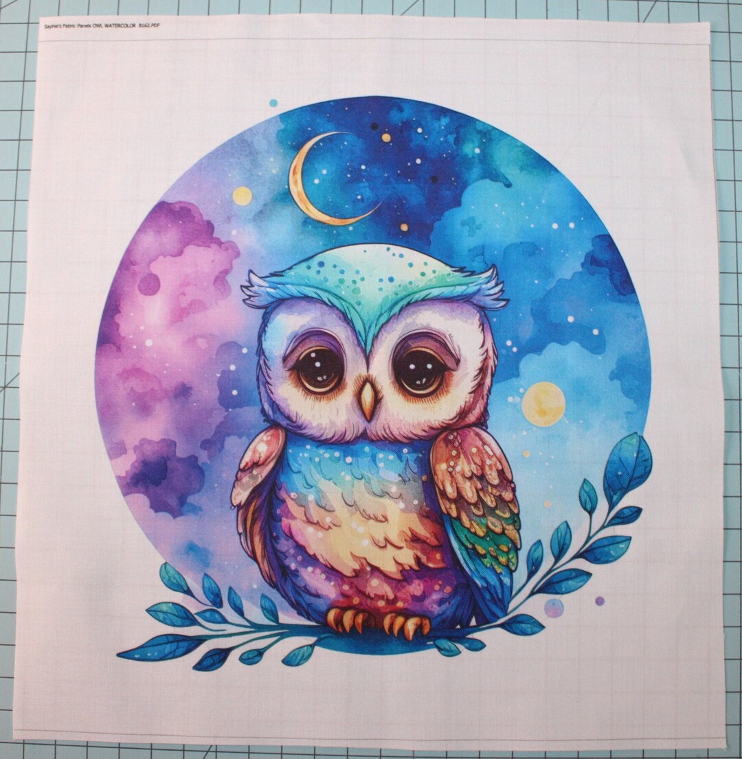 Watercolor Owl 100% Cotton Fabric Panel Square Small Quilting Sewing ...