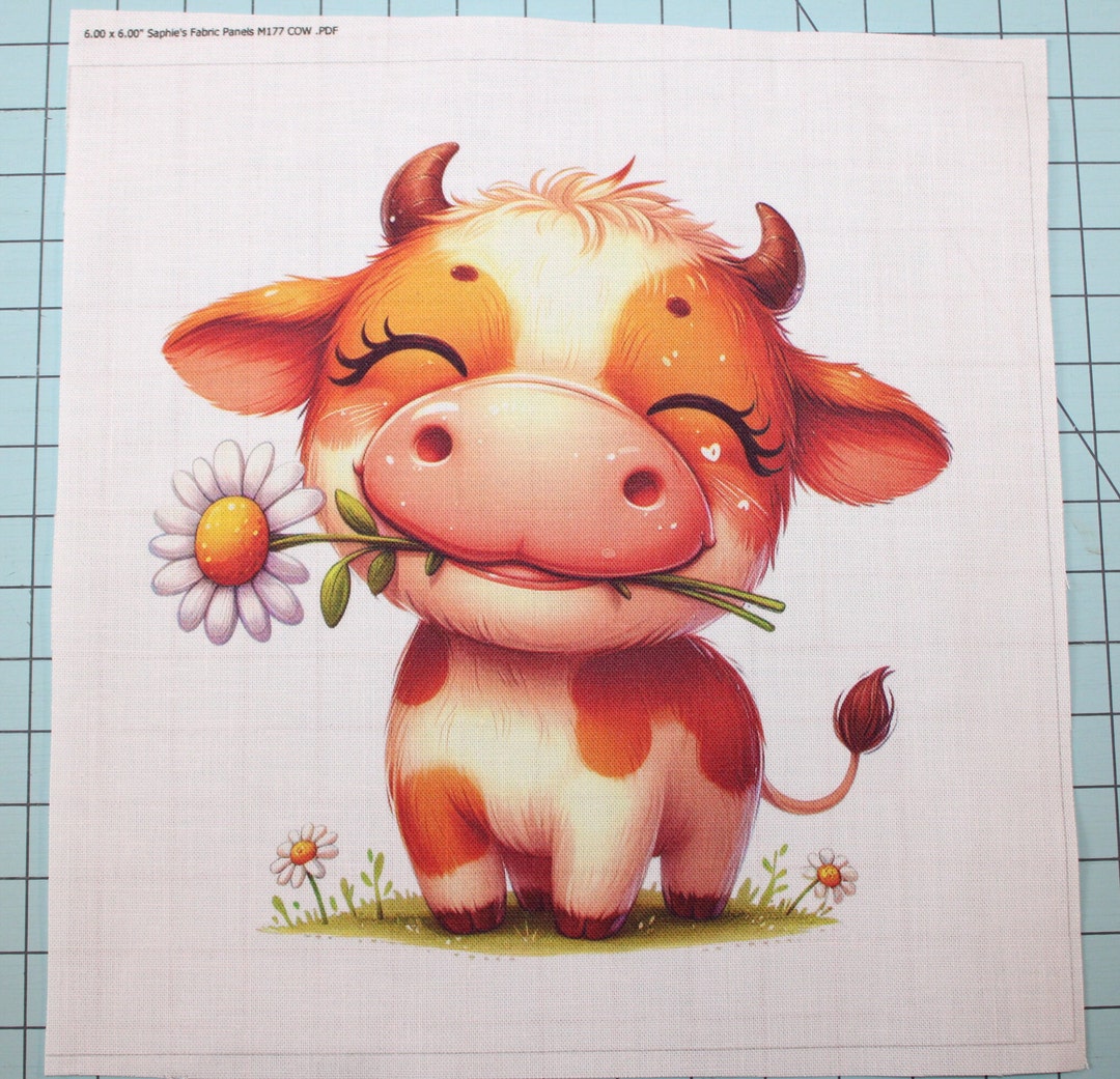 Cow With Daisy 100% Cotton Fabric Panel Square | Small Sewing Quilting ...