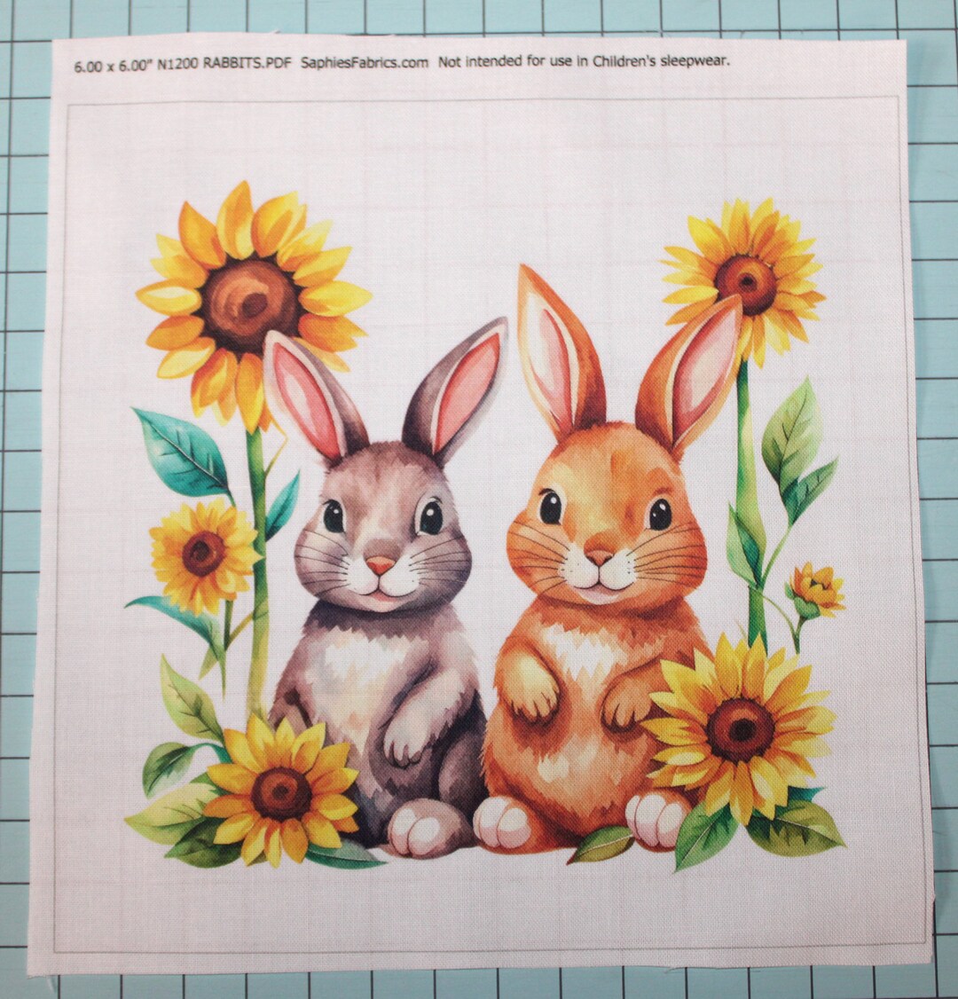 Sunflower Bunny Rabbits 100% Cotton Fabric Panel Square Small Quilting ...