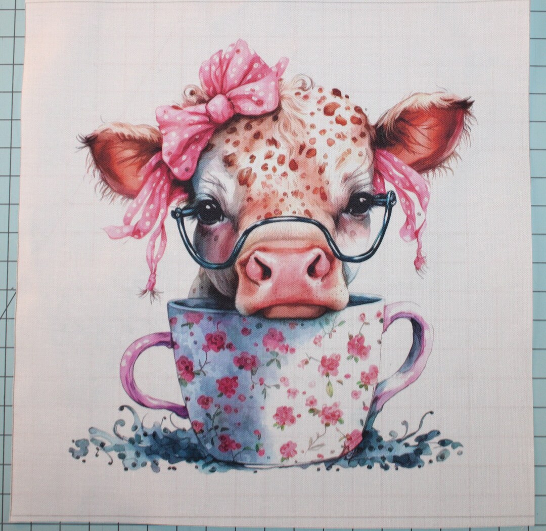 Cow With Bow in Coffee Cup 100% Cotton Fabric Panel Square Small Sewing ...