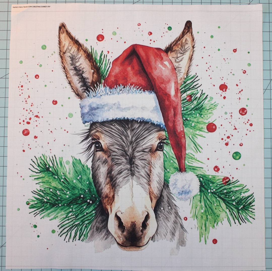 Festive Holiday Donkey Winter 100% Cotton Fabric Panel Square Small ...