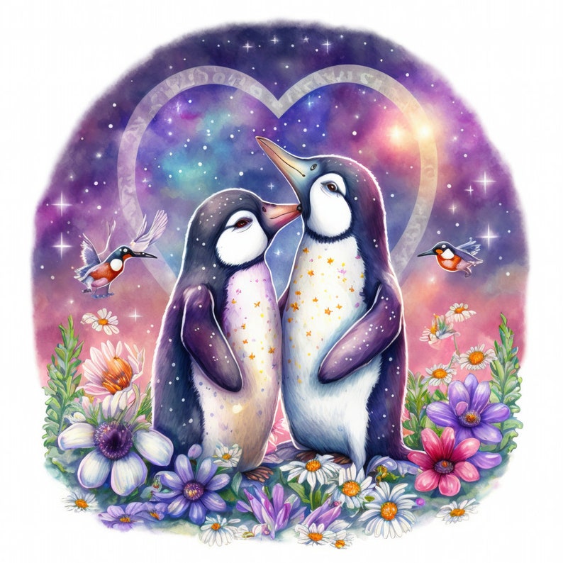 Penguins Flowers Love 100% Cotton Fabric Panel Square - Etsy