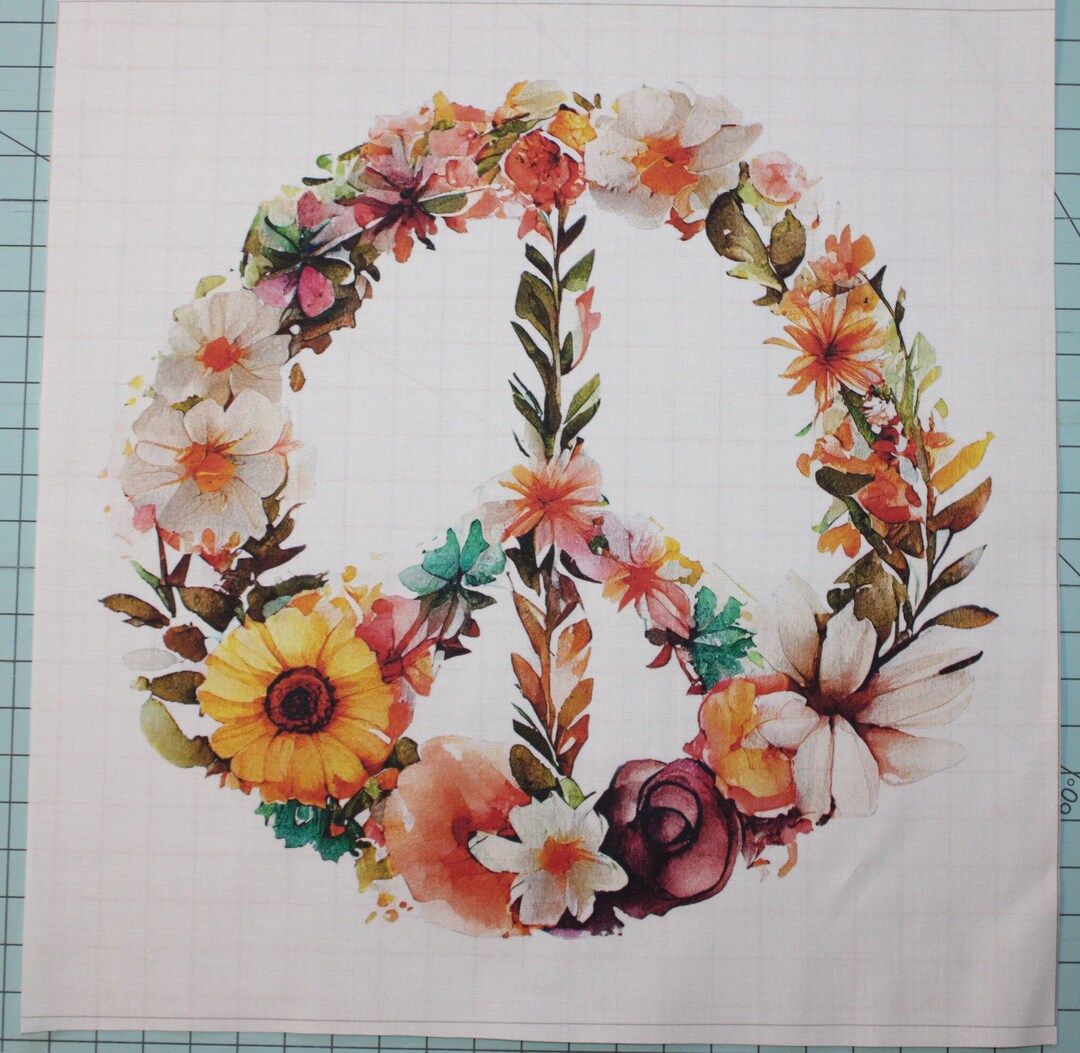 Floral Peace Sign 100% Cotton Fabric Panel Square Small Quilting Sewing ...