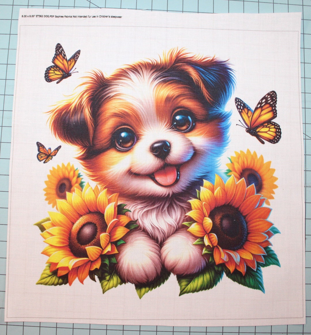 Sunflower Puppy 100% Cotton Fabric Panel Square Small Quilting Sewing ...