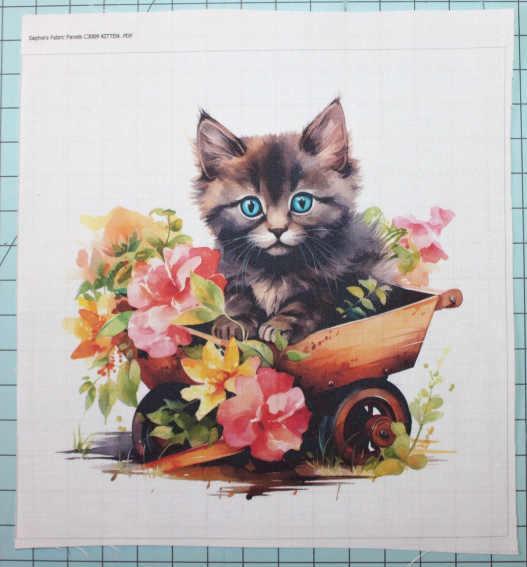 Kitten in Wheelbarrow 100% Cotton Fabric Panel Block | Small Sewing ...