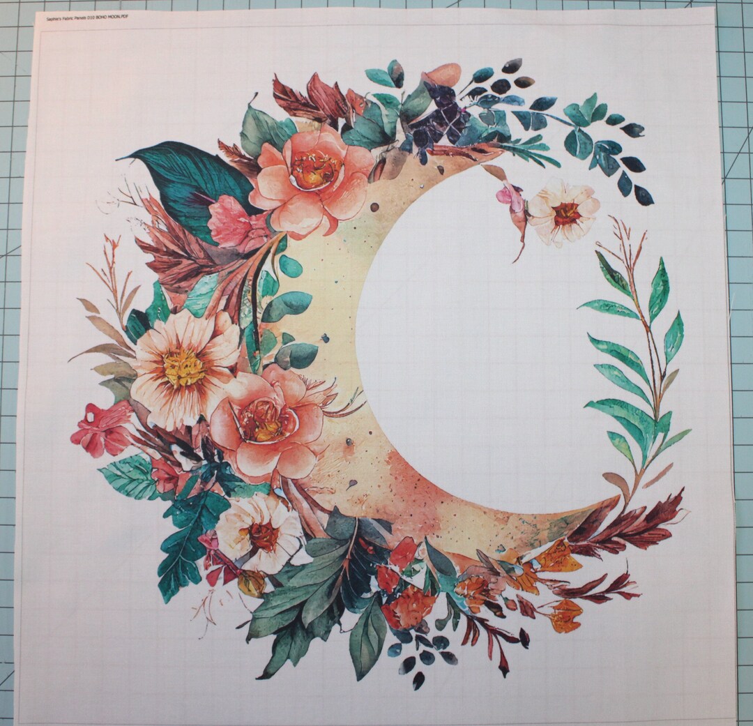 Floral Moon 100% Cotton Fabric Panel Square Small Quilting Sewing Block ...