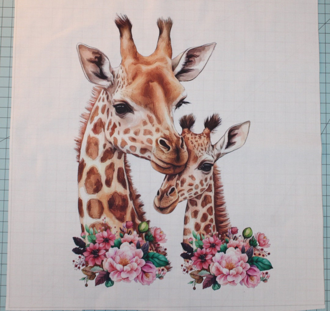 Giraffe Mom & Baby 100% Cotton Fabric Panel Square Small Quilting ...