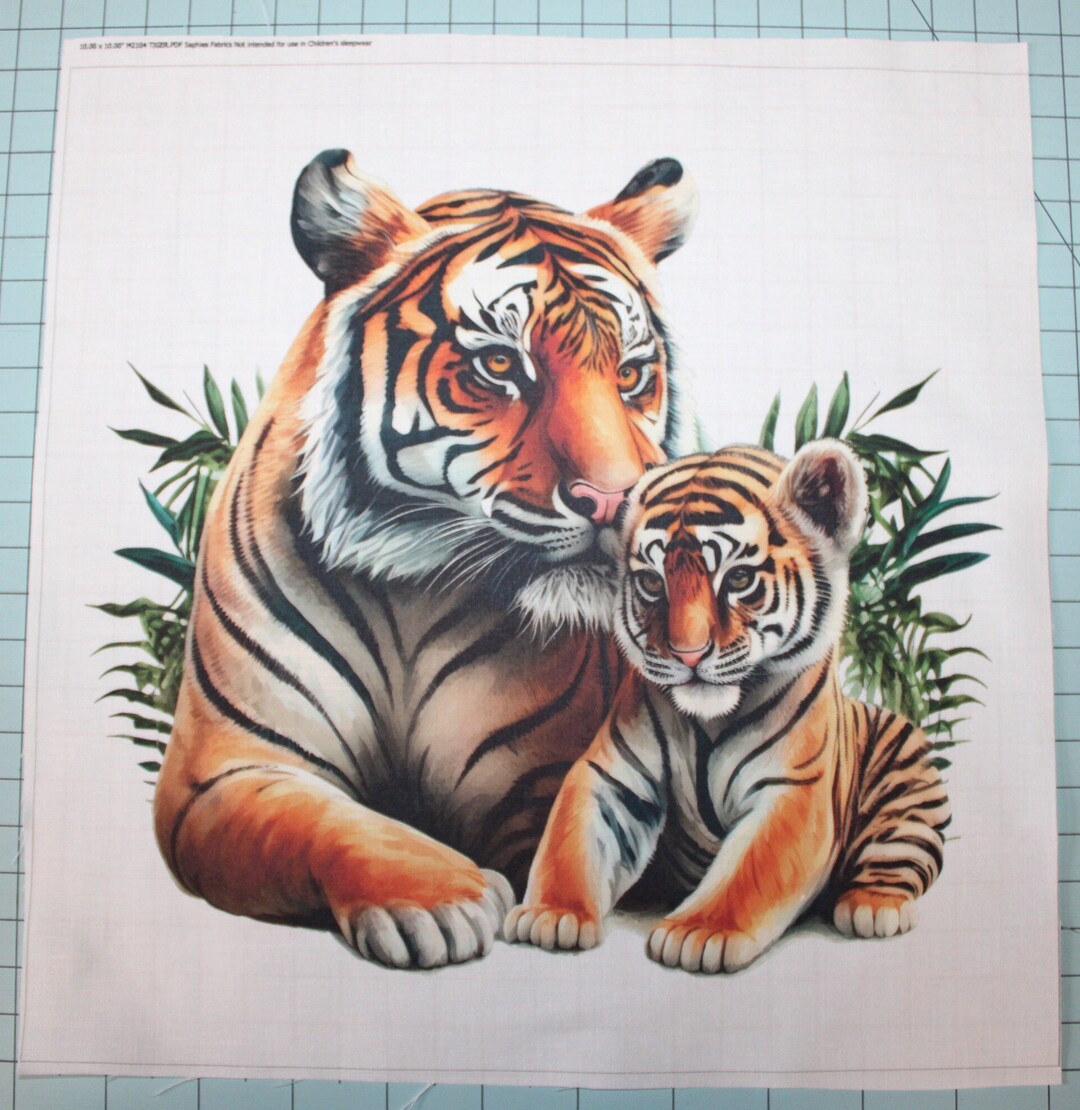 Tiger & Cub 100% Cotton Fabric Panel Square Small Sewing Quilting Block ...