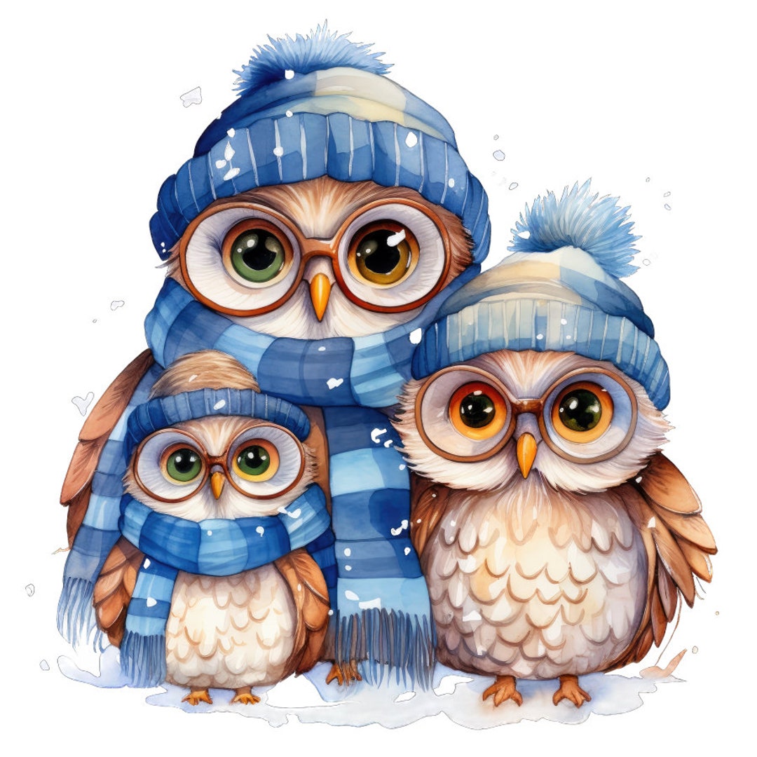 Winter Owl Family 100% Cotton Fabric Panel Square Small Quilting Sewing ...