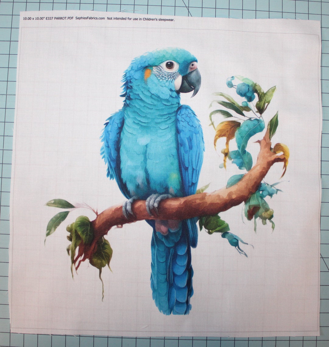 Blue Parrot 100% Cotton Fabric Panel Square Small Sewing Quilting Block ...