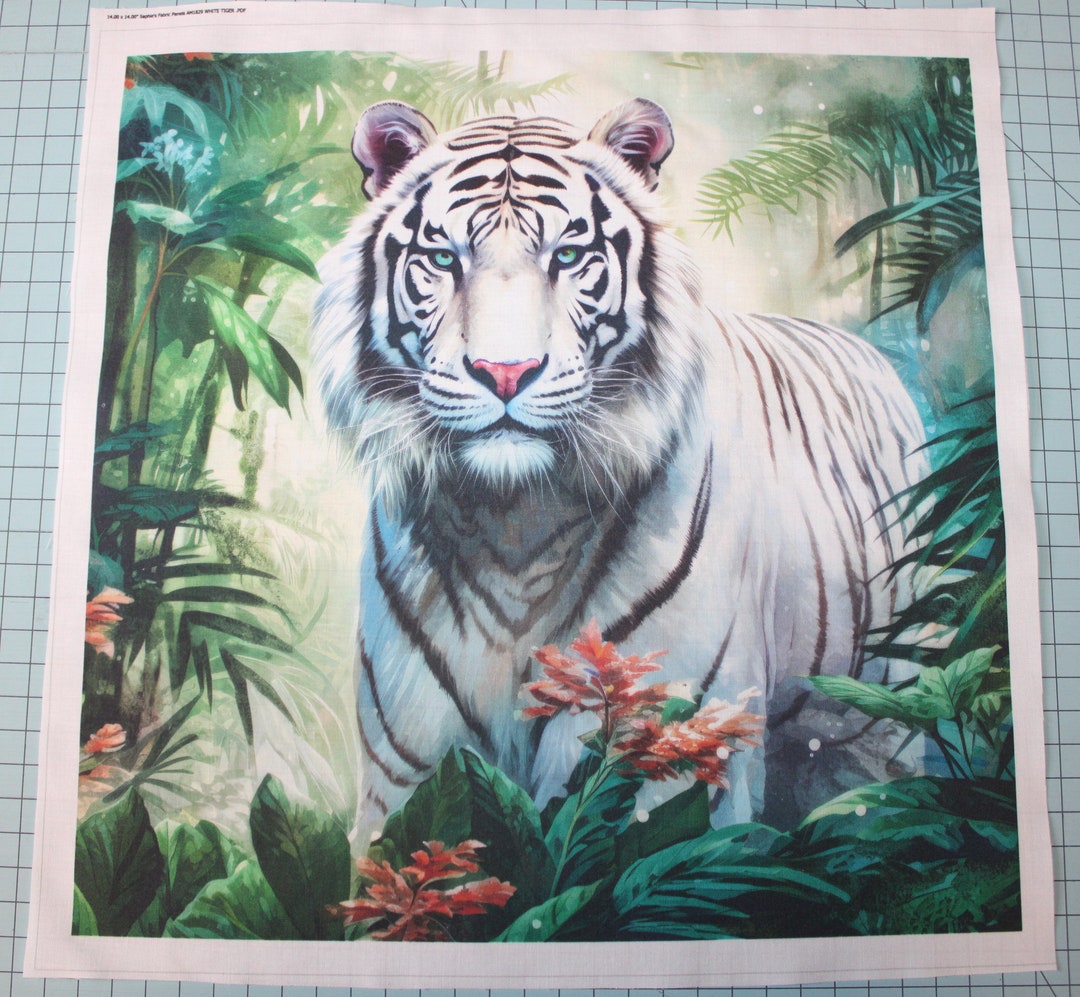 White Tiger 100% Cotton Fabric Panel Square Small Sewing Quilting Block ...