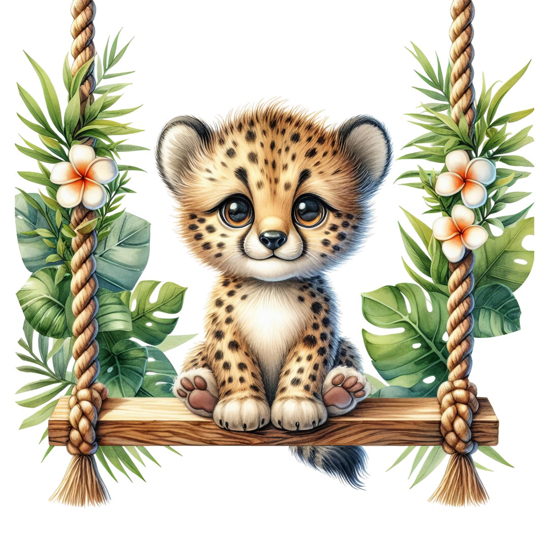 Cheetah on Swing 100% Cotton Fabric Panel Square Small Quilting Sewing ...