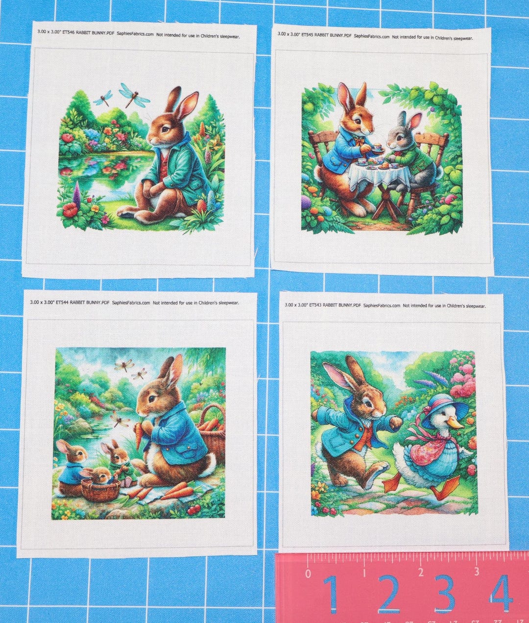 4 Piece Mini 3"x3" Garden Rabbits Fabric Panel Blocks | 100% Cotton ...