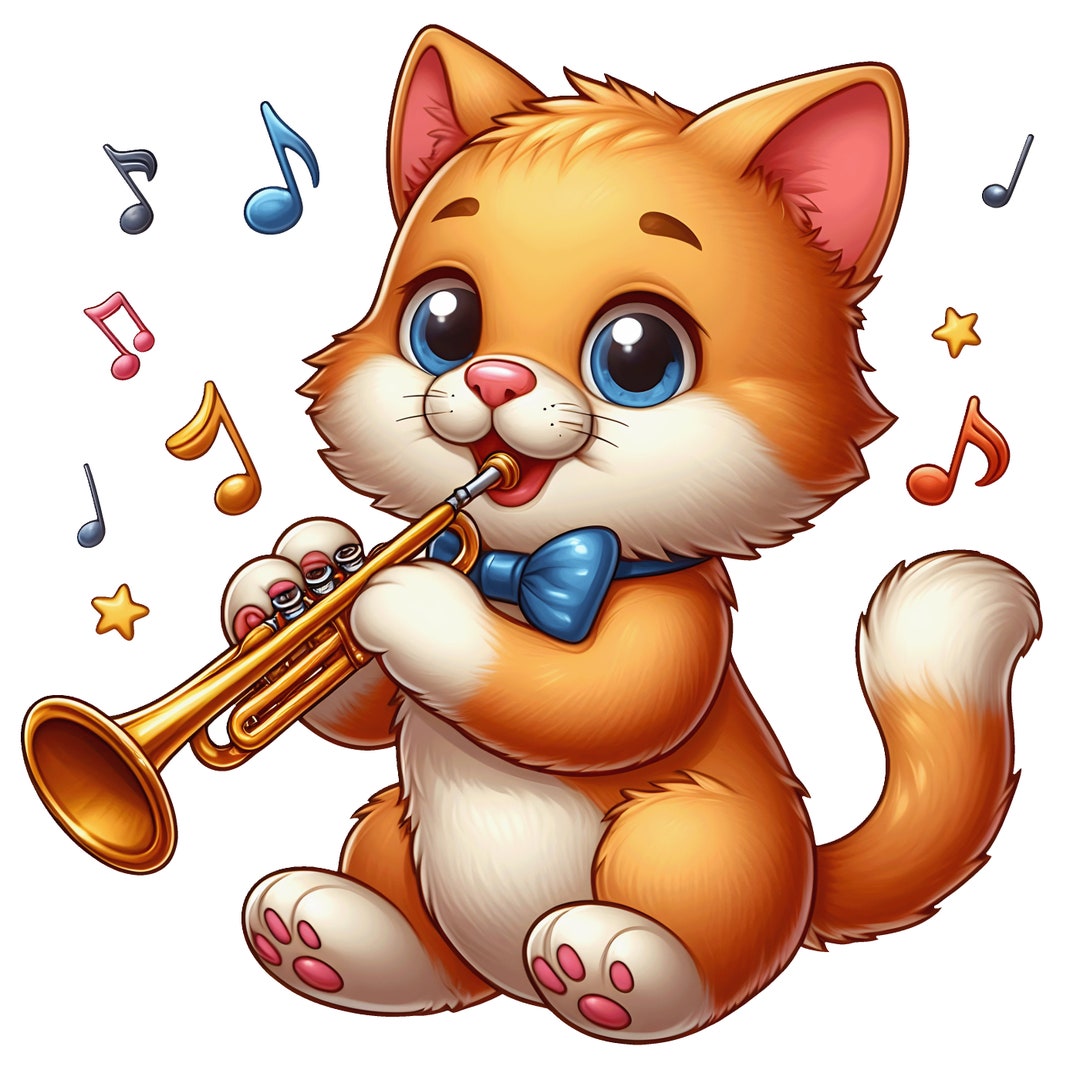 Cat Playing Trumpet 100% Cotton Fabric Panel Square Small Sewing ...