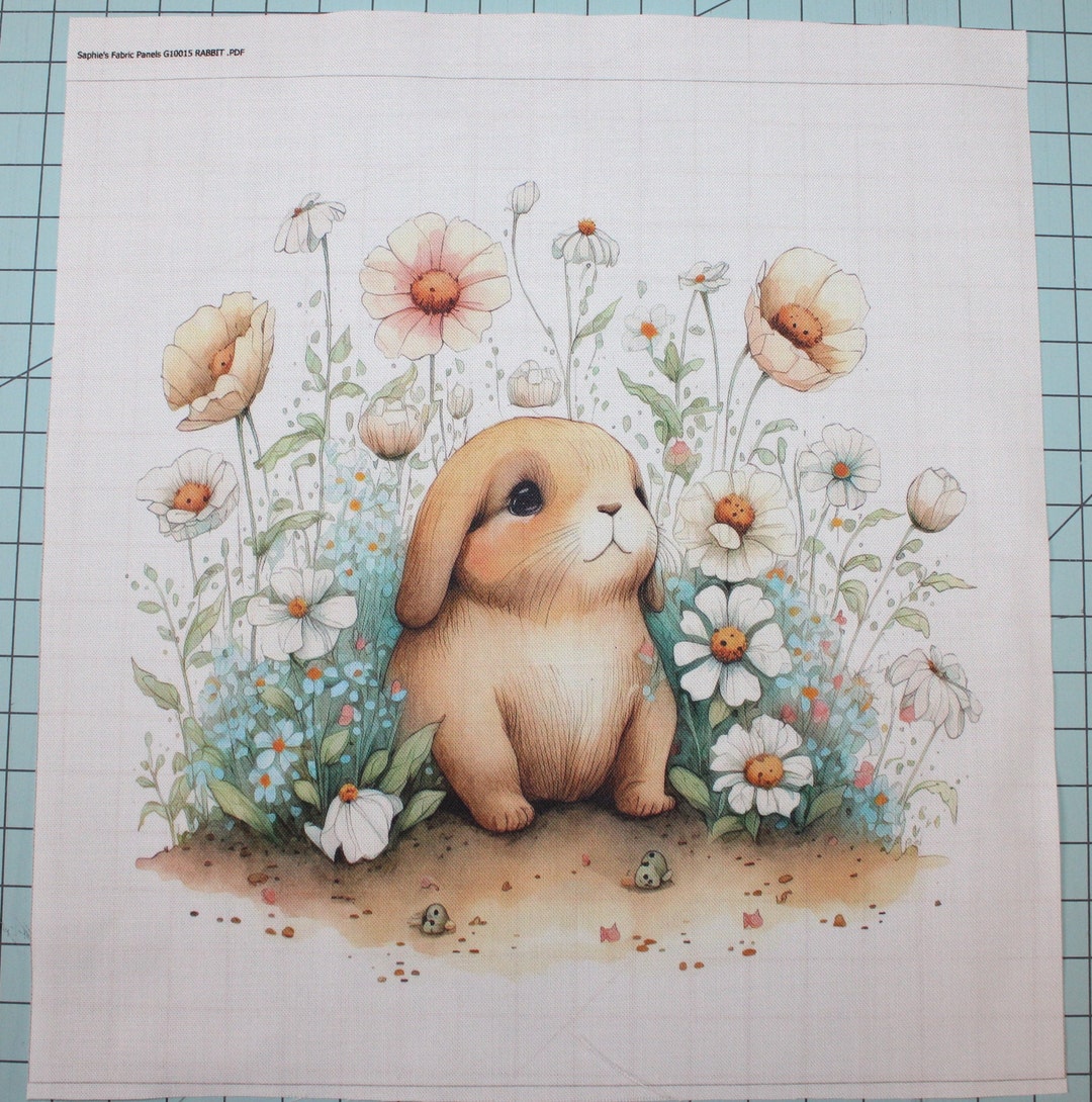Bunny Rabbit Flowers 100% Cotton Fabric Panel Square Small Quilting ...